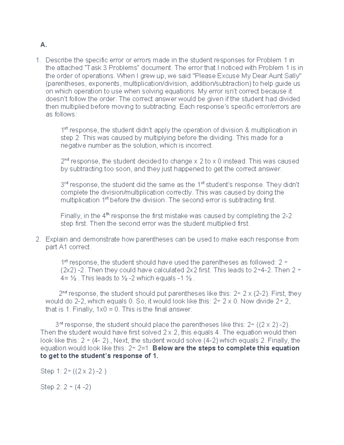 Number Sense and Functions - AOA2 Task 3 - A. 1. Describe the specific ...