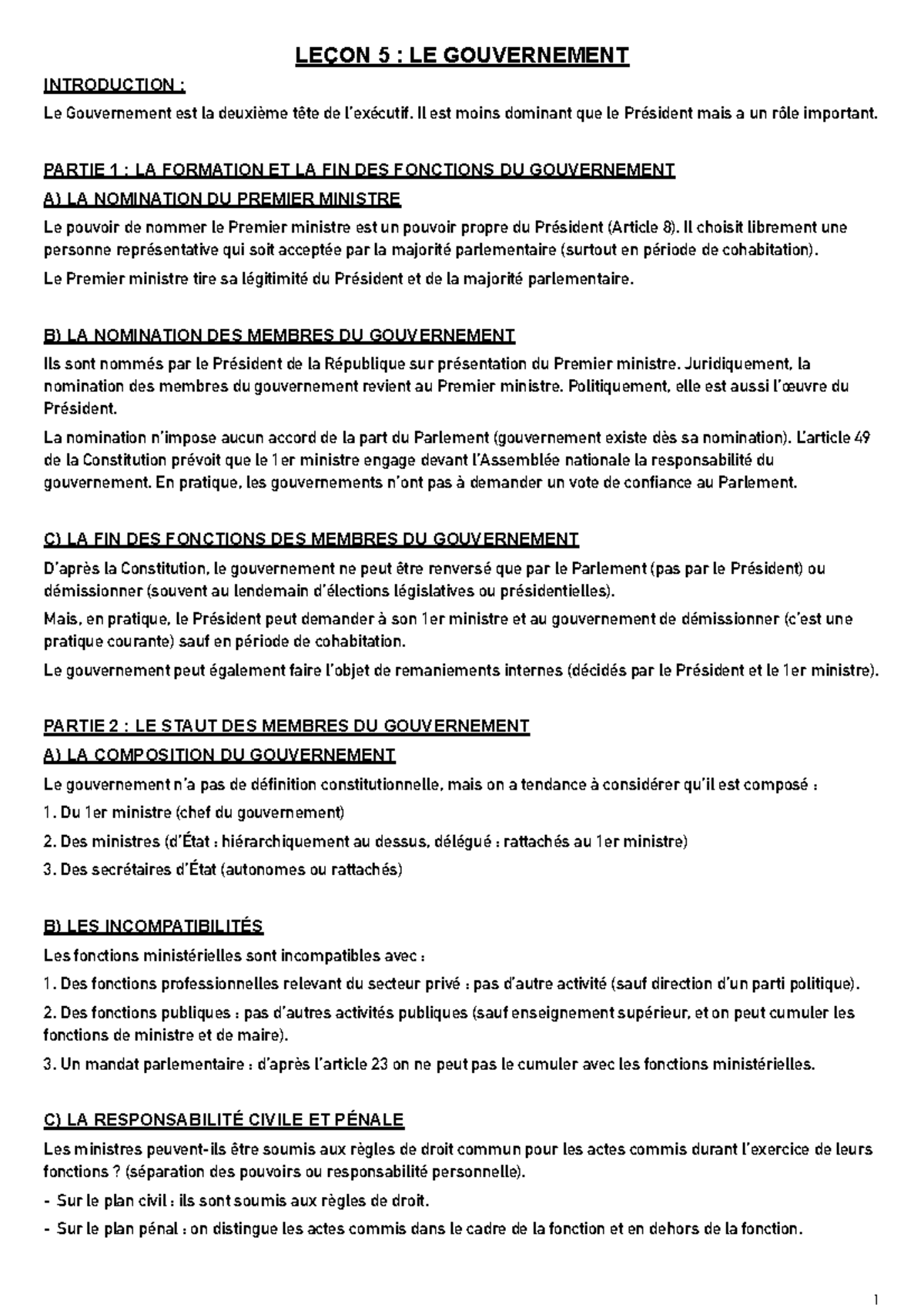 🔴leçon 5 constit 24 - LEÇON 5 : LE GOUVERNEMENT INTRODUCTION : Le ...