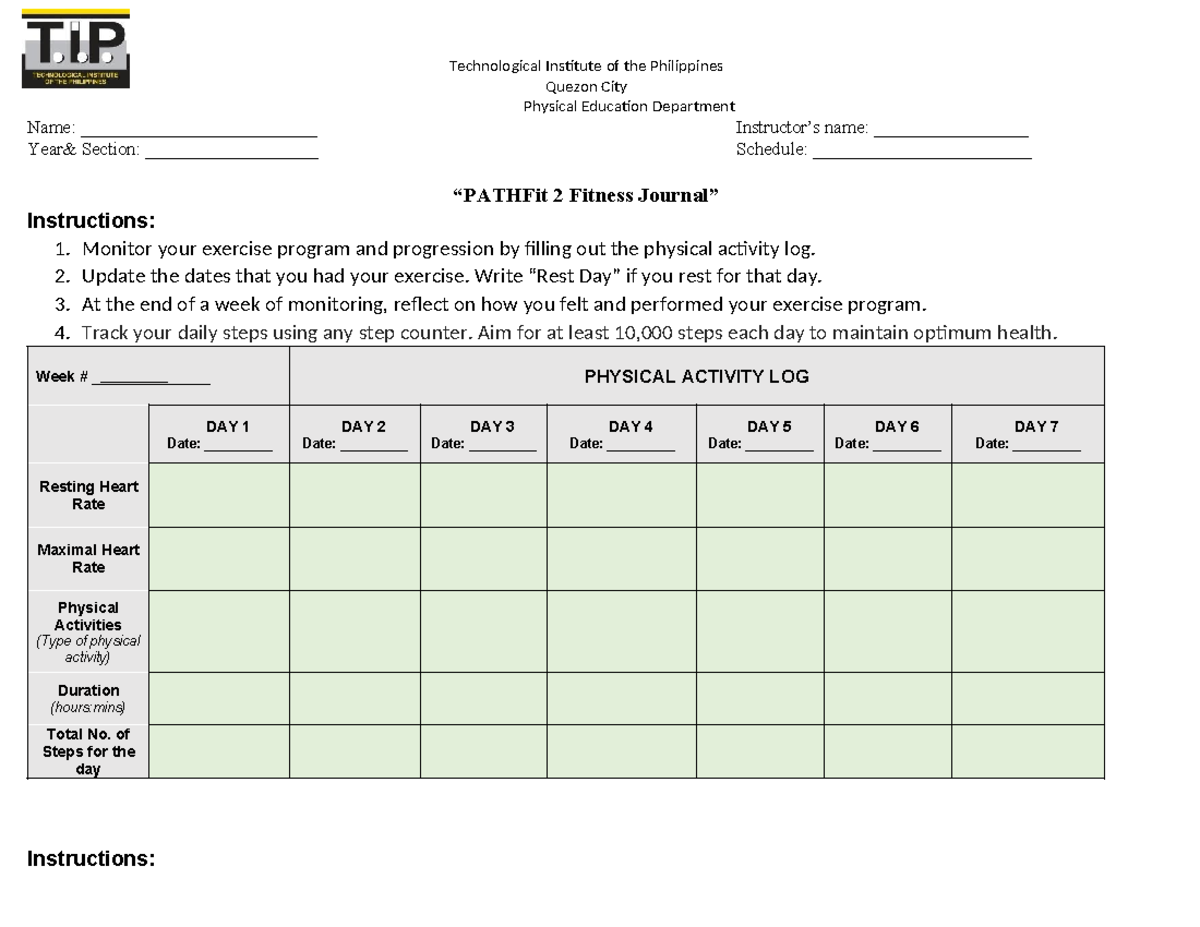 PE002 Fitness-Journal-Log-Form week-1-3 - Technological Institute of ...