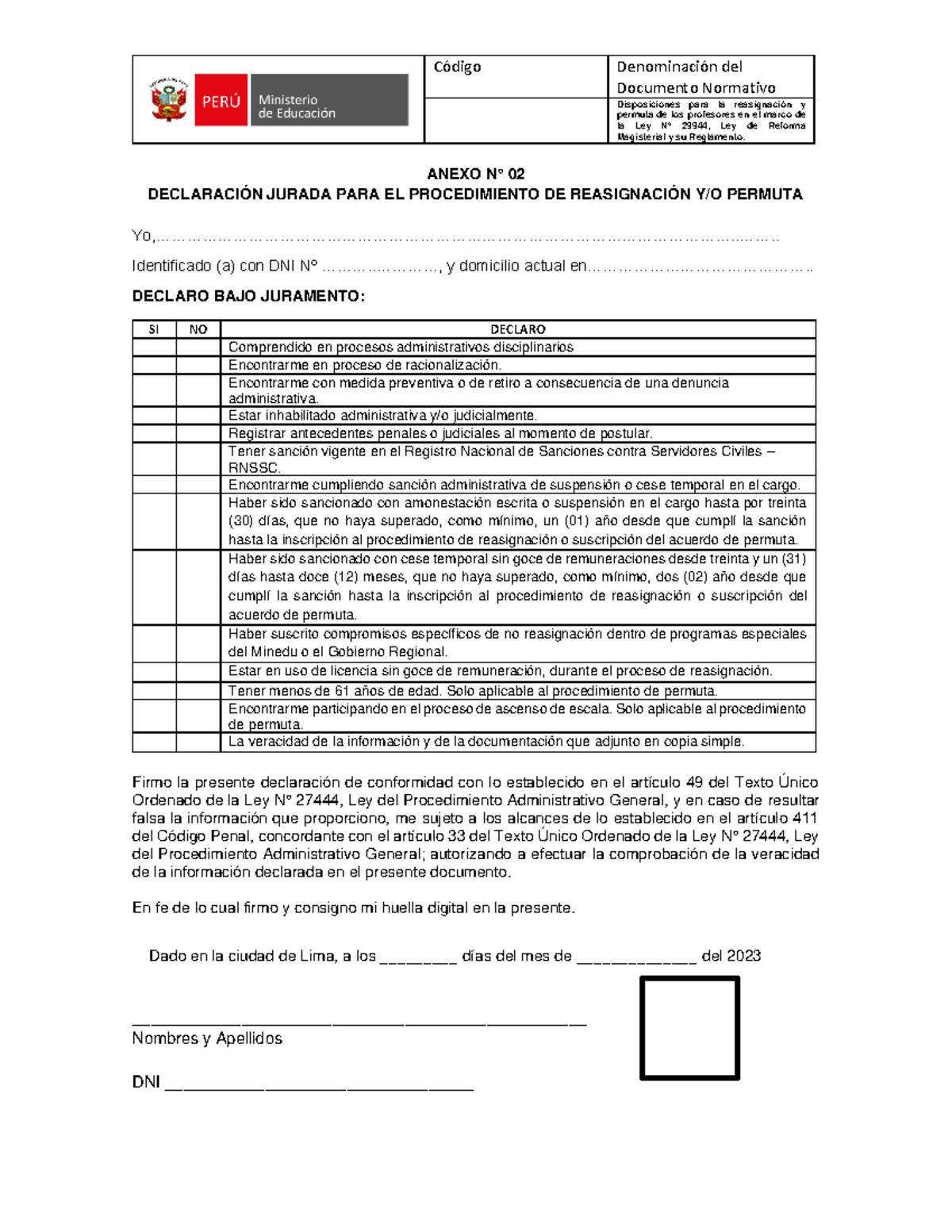 7.Anexo Nº 02 – Declaración Jurada para Reasignación - Código Denominación del Documento ...