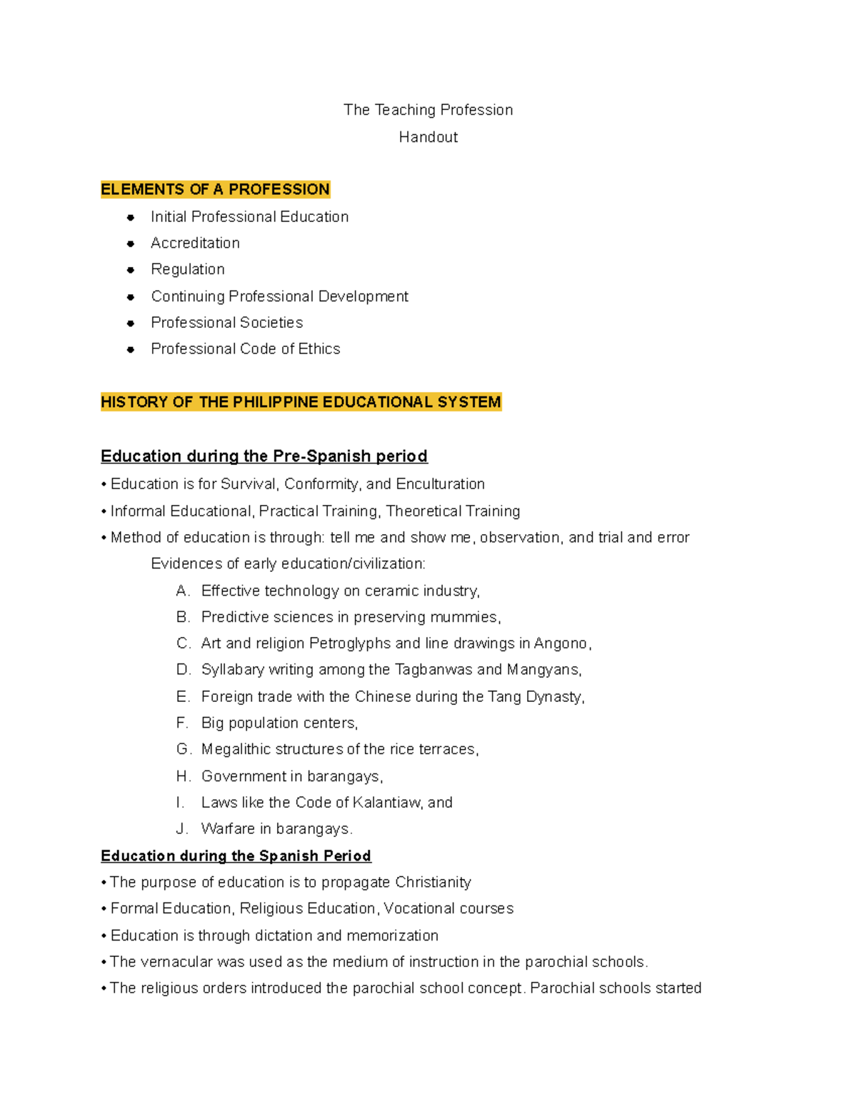 The Teaching Profession - The Teaching Profession Handout ELEMENTS OF A ...