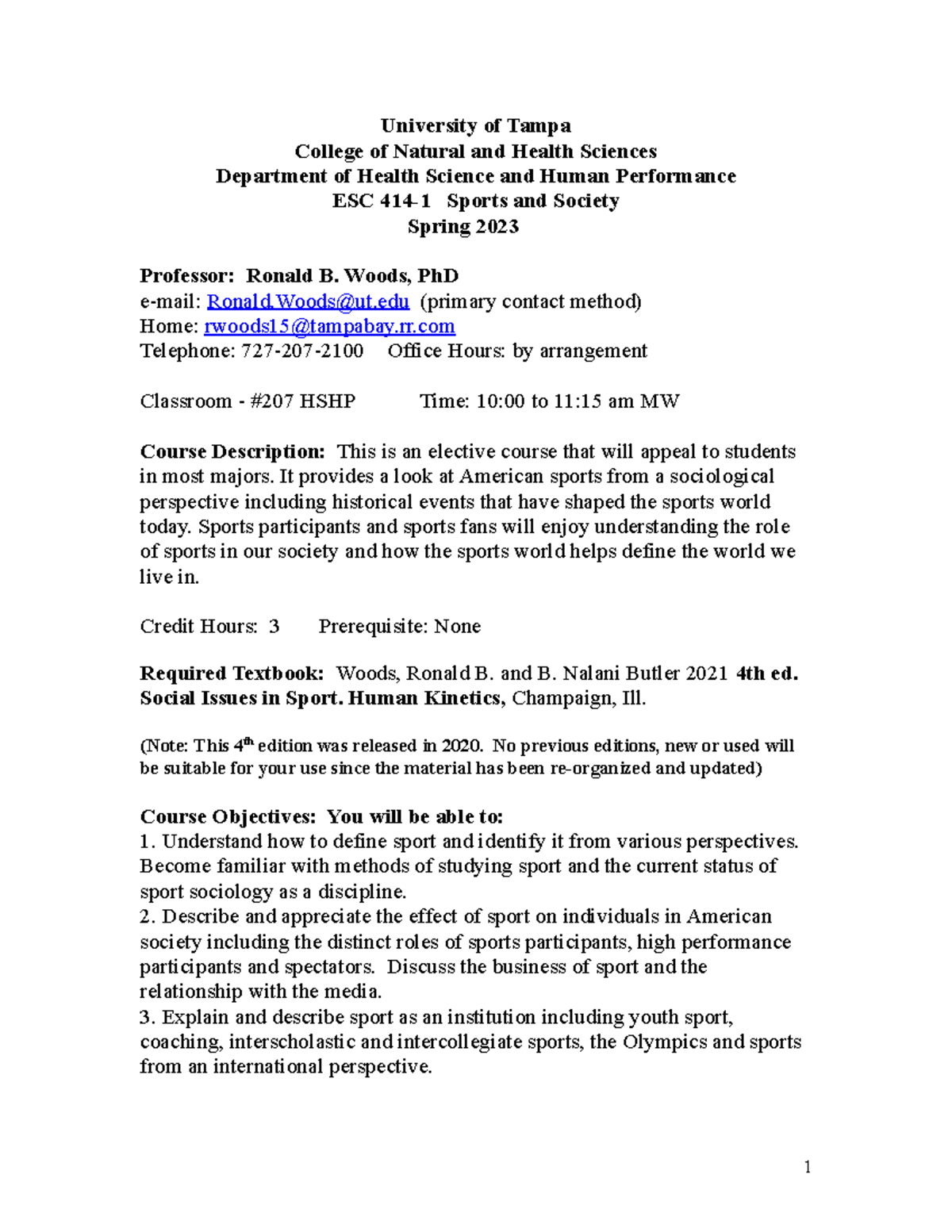 Syllabus ESC 414-1 Woods Spring 2023 - University of Tampa College of ...