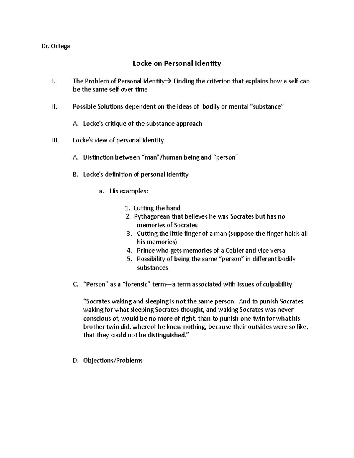 Locke, Of Identity and Diversity Outline.docx - Dr. Ortega Locke on ...