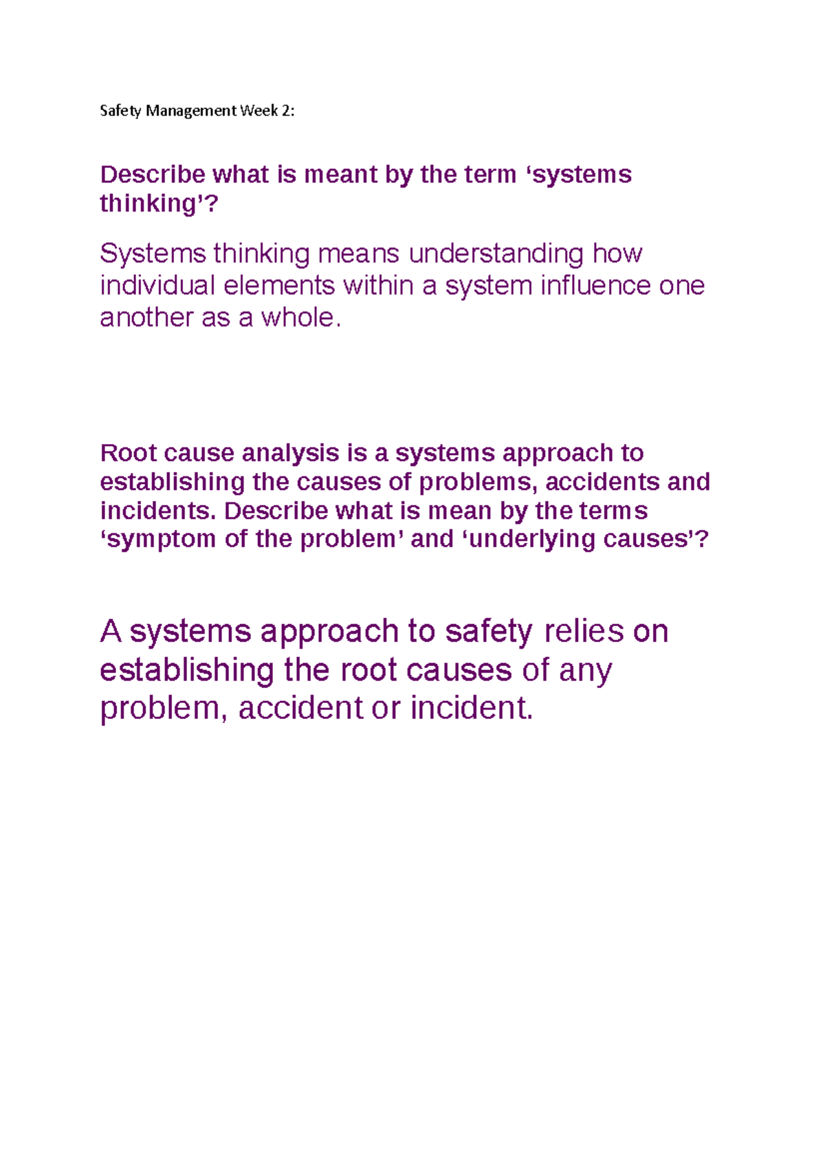 Safety Management Week 2 - Root cause analysis is a systems approach to ...