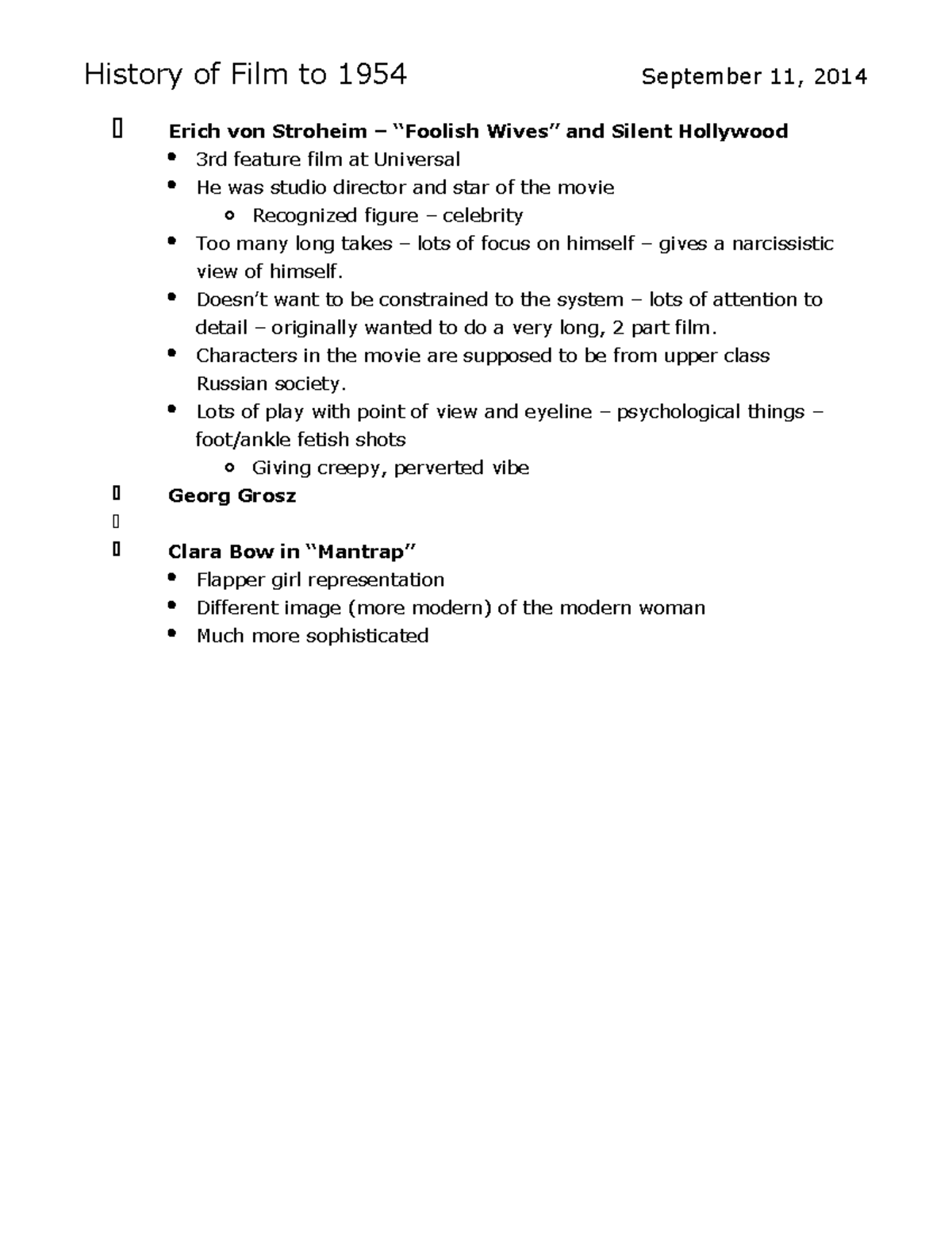 History of Film Class Notes - History of Film to 1954 September 11 ...