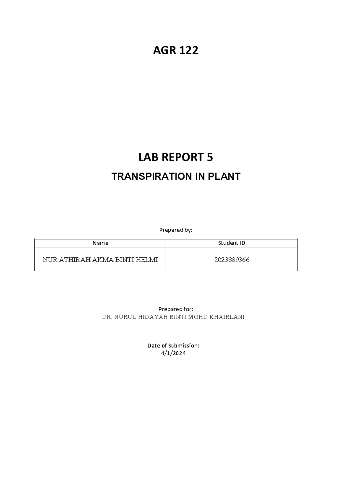 agr 122(LAB Report 5) - AGR 122 LAB REPORT 5 TRANSPIRATION IN PLANT ...
