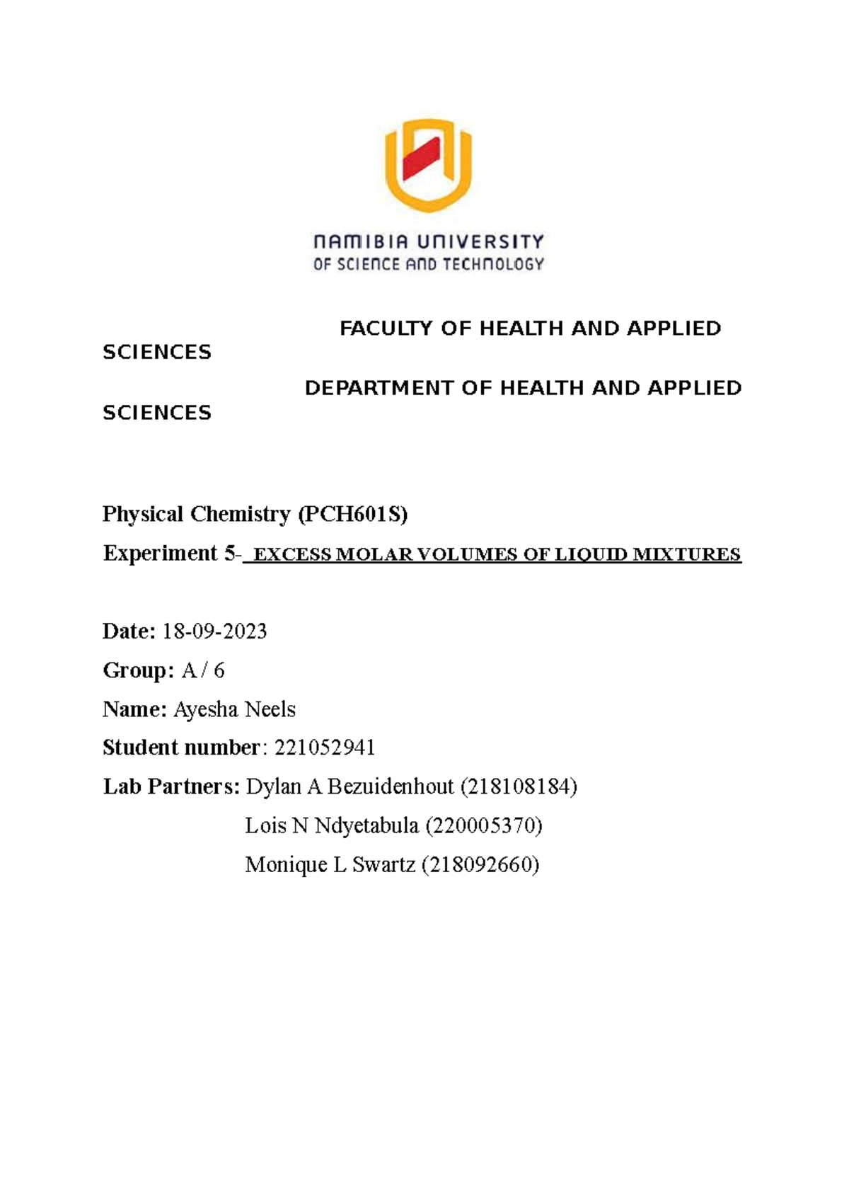 Pch lab5 new - FACULTY OF HEALTH AND APPLIED SCIENCES DEPARTMENT OF HEALTH AND APPLIED SCIENCES ...