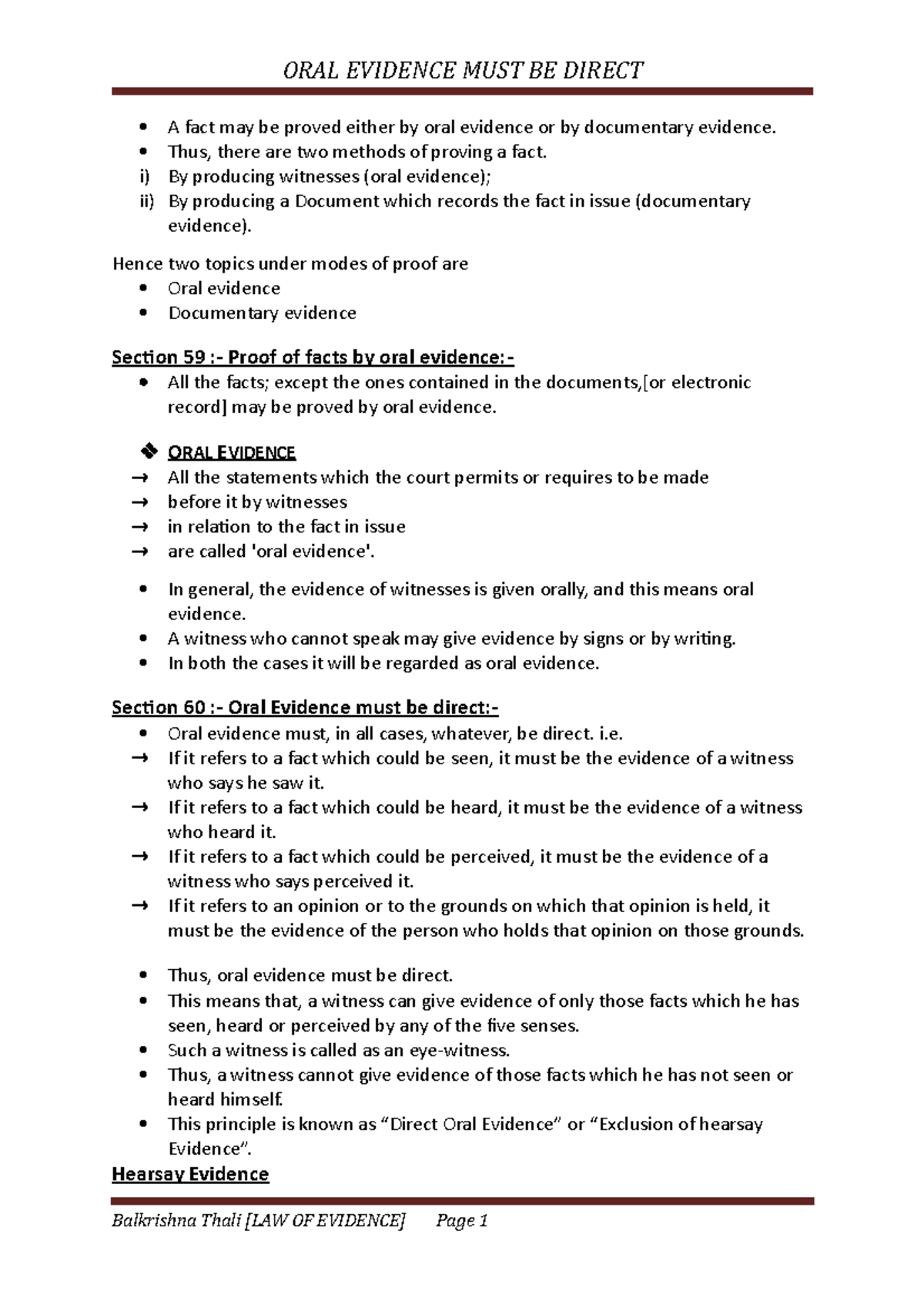 Oral evidence must be direct - ORAL EVIDENCE MUST BE DIRECT A fact may ...