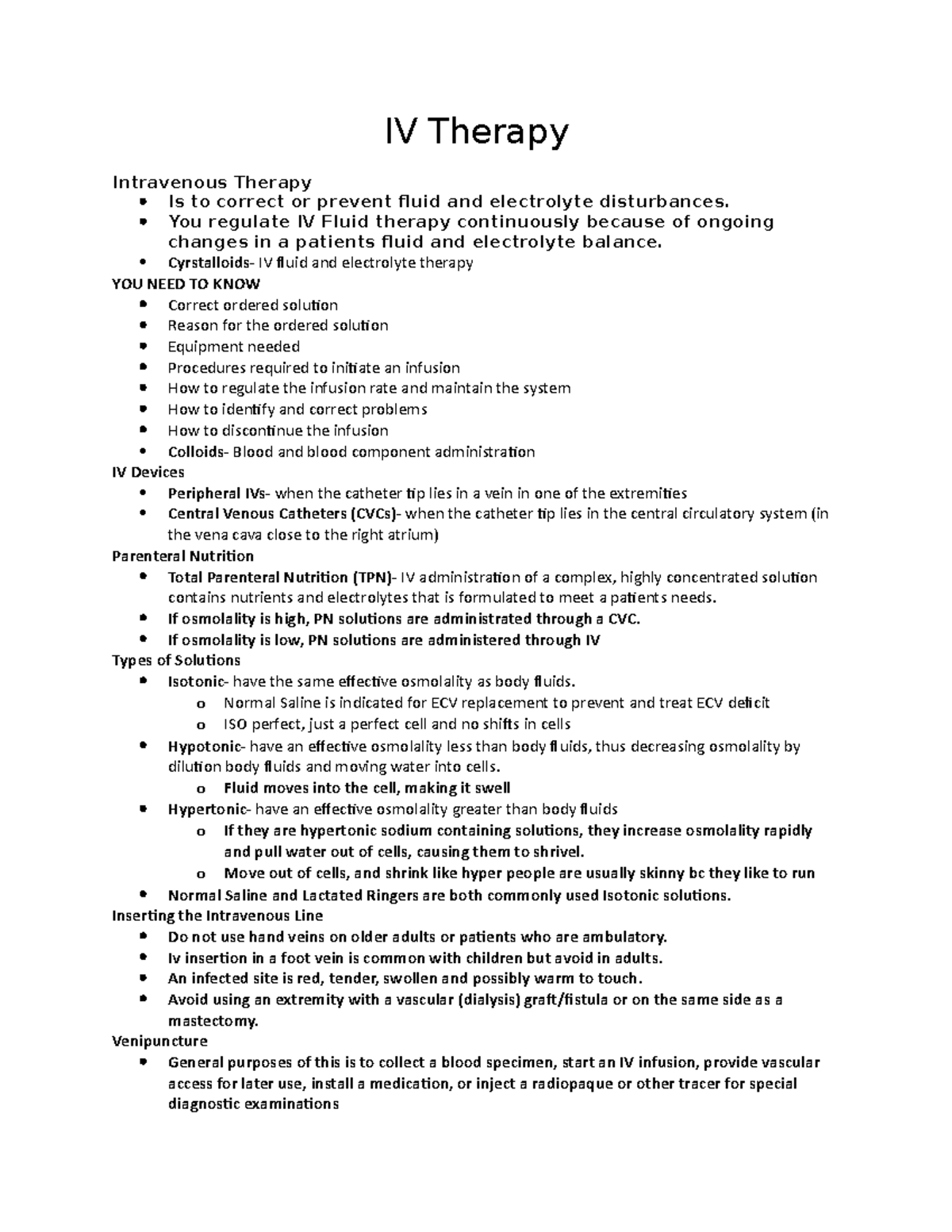 Iv therapy - Notes - IV Therapy Intravenous Therapy Is to correct or ...