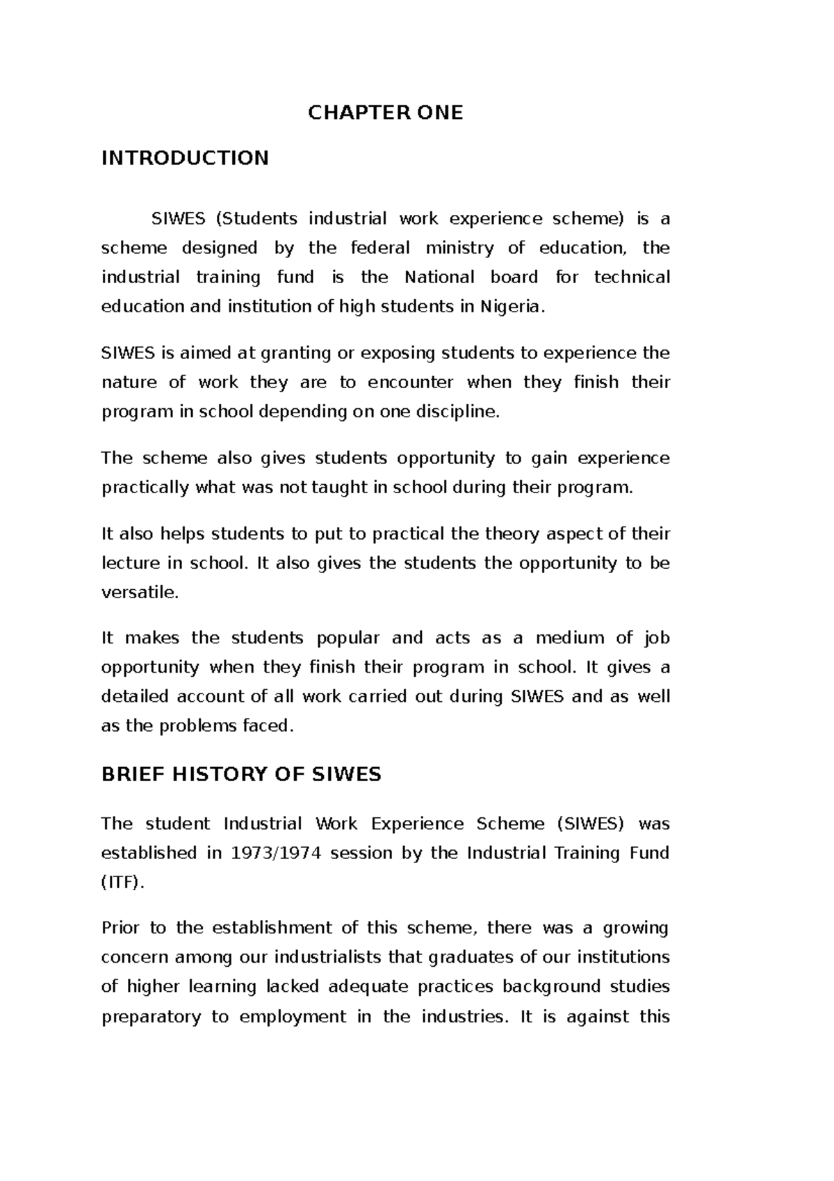 Siwes Format - CHAPTER ONE INTRODUCTION SIWES (Students industrial work ...
