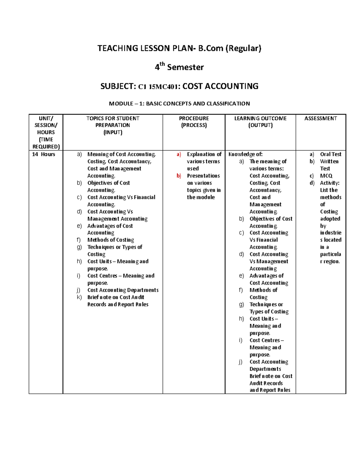 Cost Accounting - IV Sem B - TEACHING LESSON PLAN- B (Regular) 4 th ...