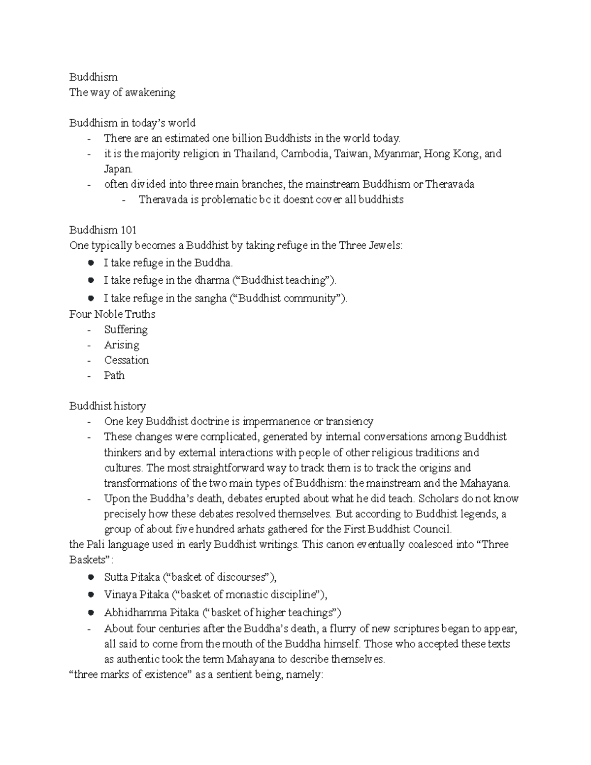 Buddhism Notes REL - towson university - Buddhism The way of awakening ...