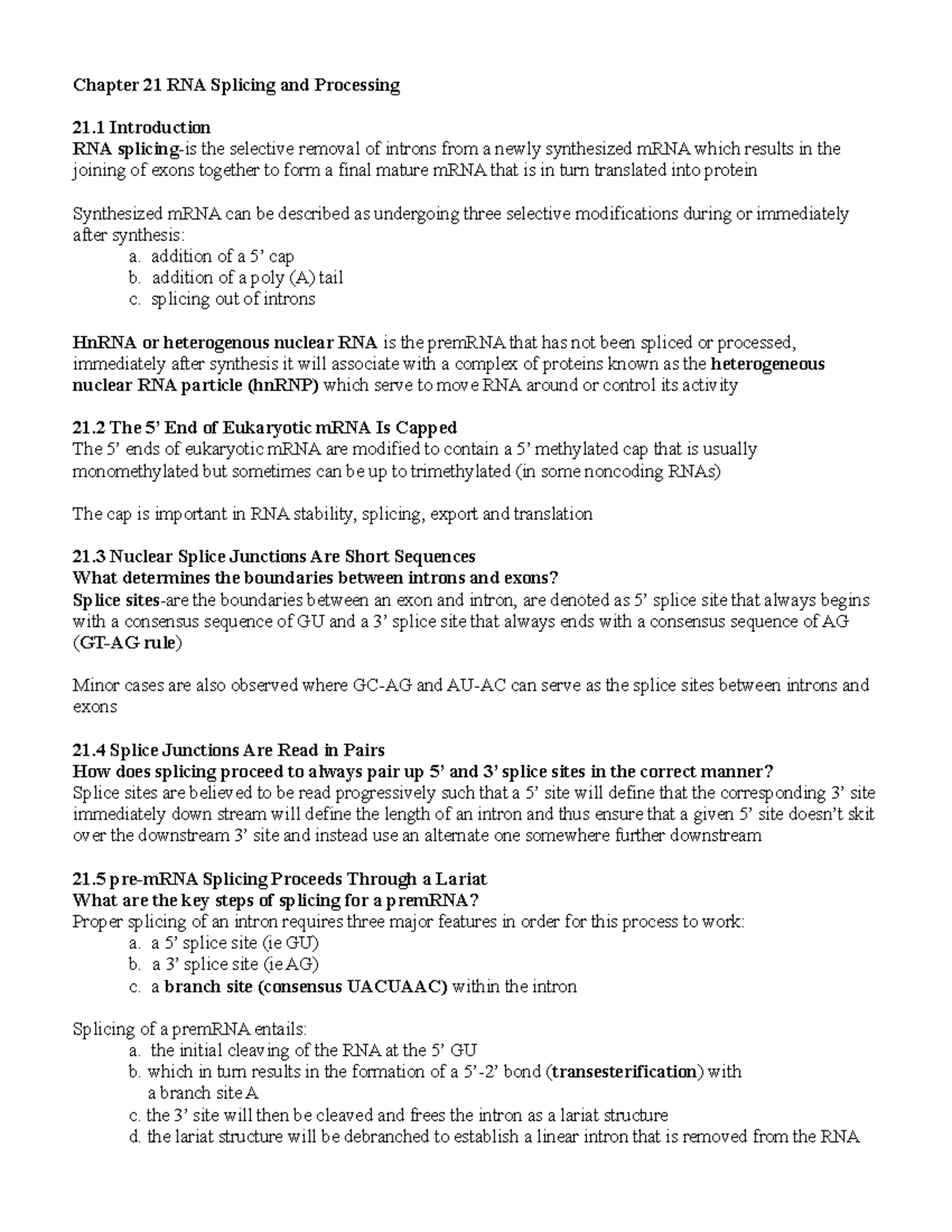 RNASplicingand Processing - Chapter 21 RNA Splicing and Processing 21 ...
