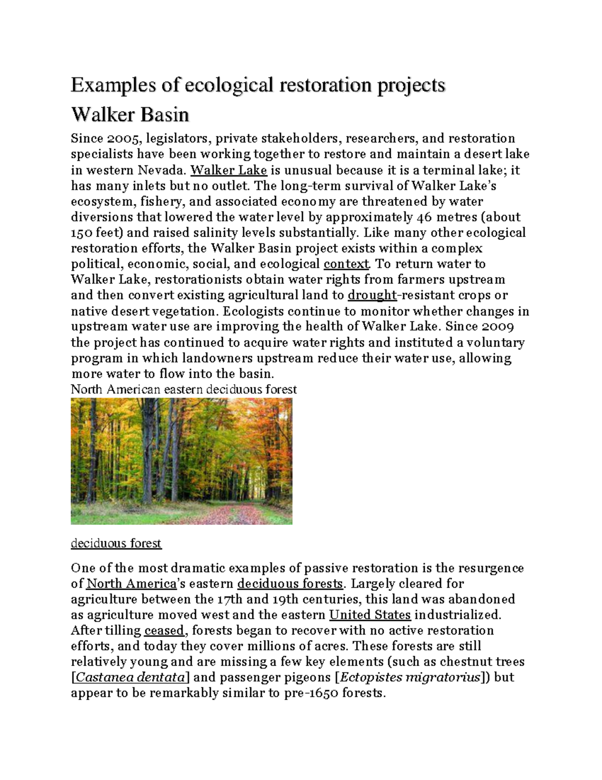 Examples of ecological restoration projects - Walker Lake is unusual ...