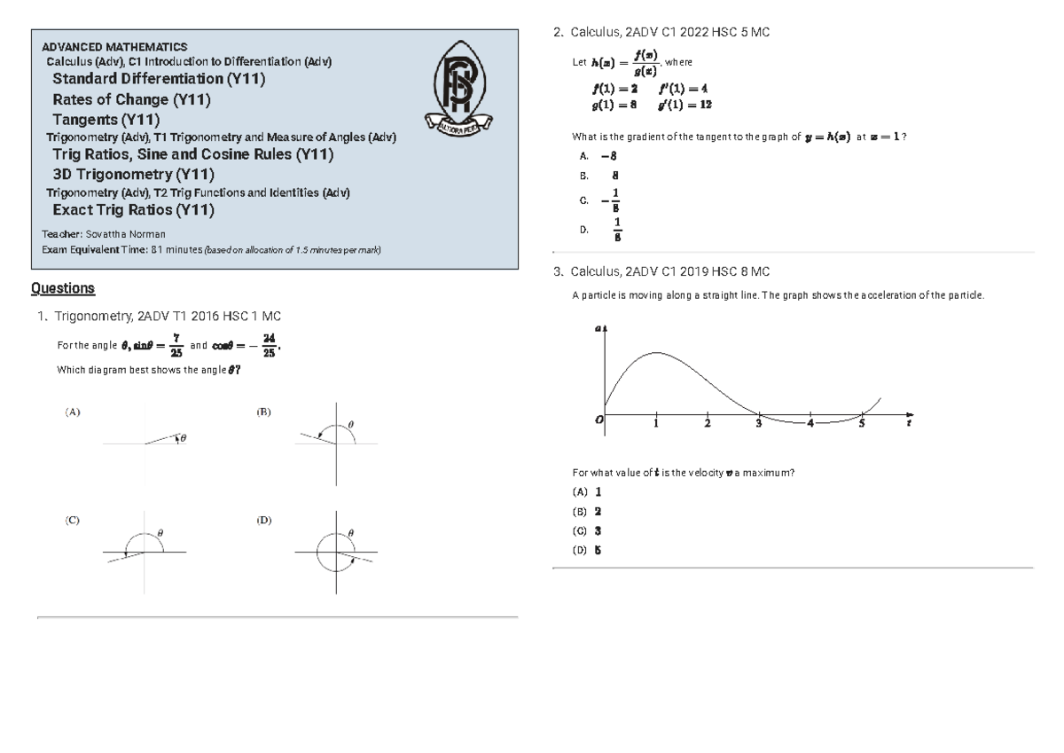 Revision trig and differential calculus - 1. Trigonometry, 2ADV T1 2016 HSC 1 MC ADVANCED - Studocu