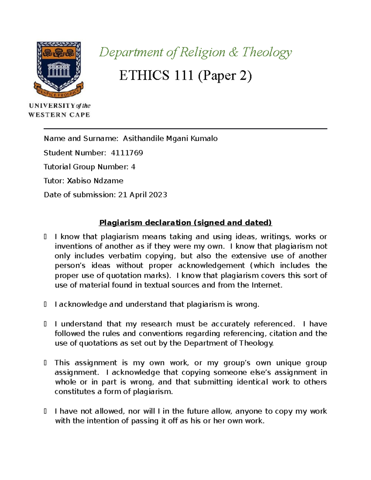 Ethics P2- Assignment- Kumalo - Department of Religion & Theology ...