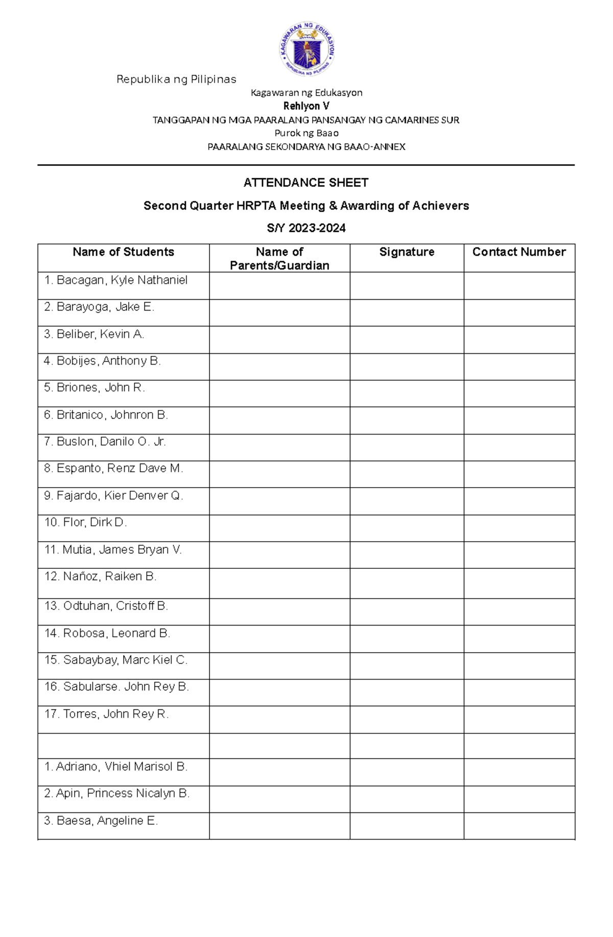 Attendance Sheet 7 Antonio - Republika ng Pilipinas Kagawaran ng ...