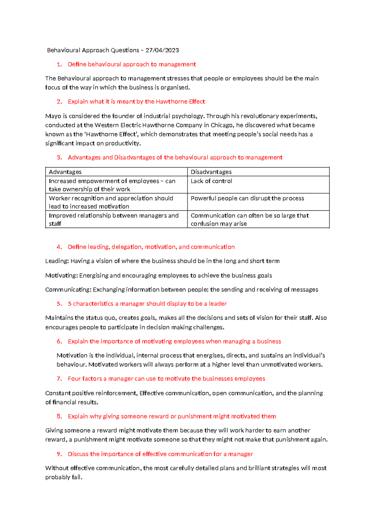 Behavioural Approach Questions - Class Work - Behavioural Approach ...