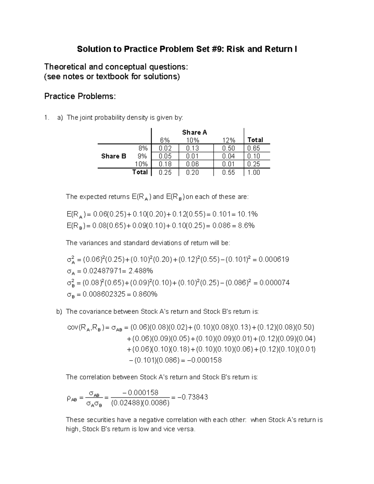 Risk and return I - solutions - Solution to Practice Problem Set #9: Risk and Return I ...