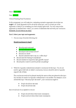 Critical Thinking Touchstone 4 Template - Critical Thinking – Final ...