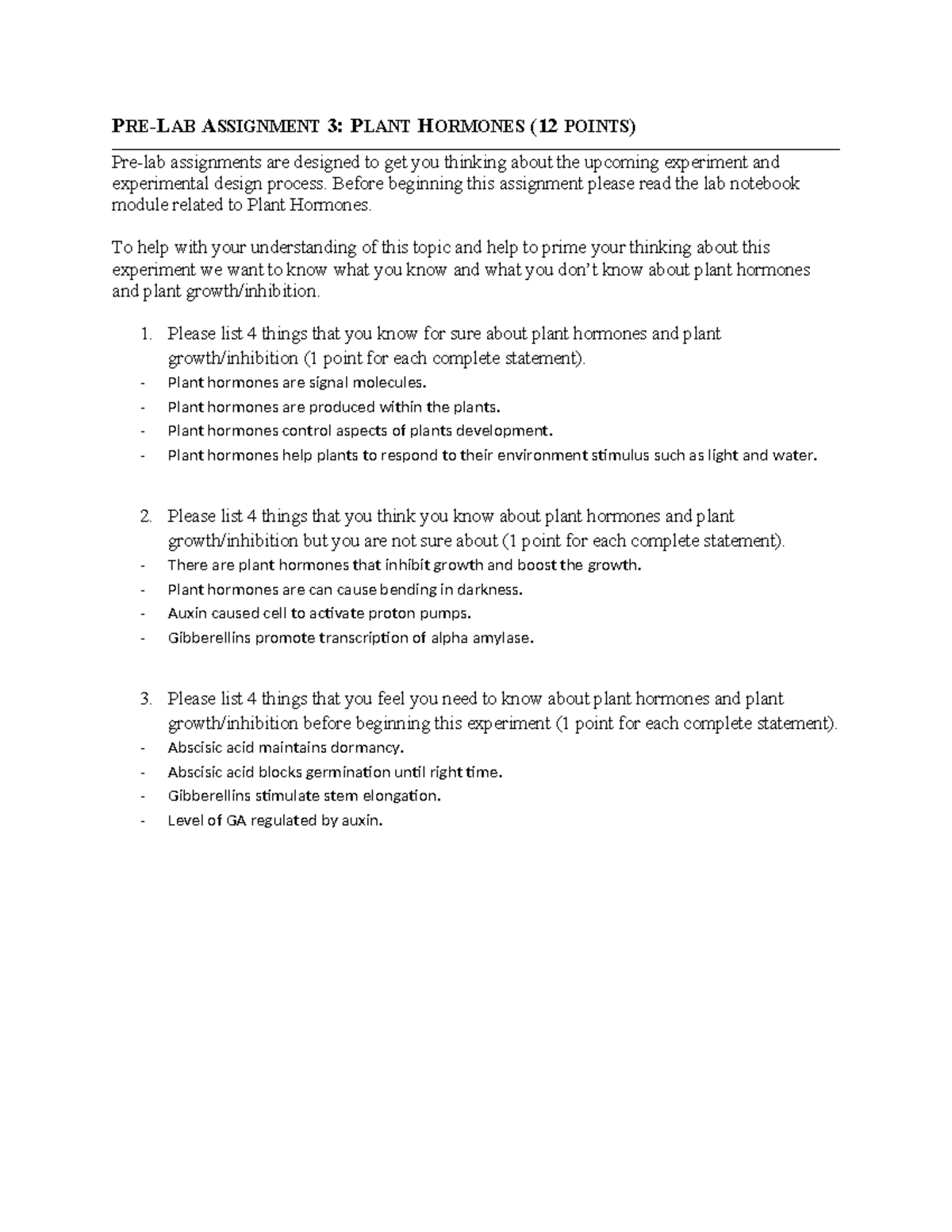 Pre-Lab 3 Plant Hormones - PRE-LAB ASSIGNMENT 3: PLANT HORMONES (12 ...