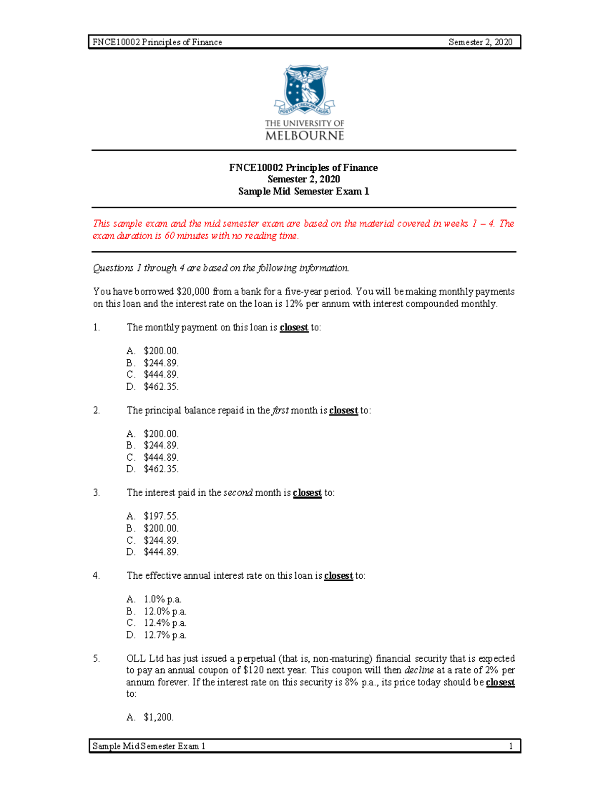 Sample Mid Sem 1-Sem2-2020 - FNCE10002 Principles of Finance Semester 2 ...