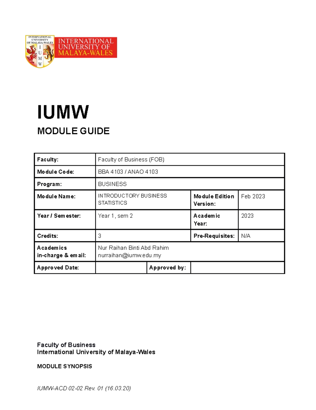Module Guide Feb 23( Business Statistics) - IUMW MODULE GUIDE Faculty ...