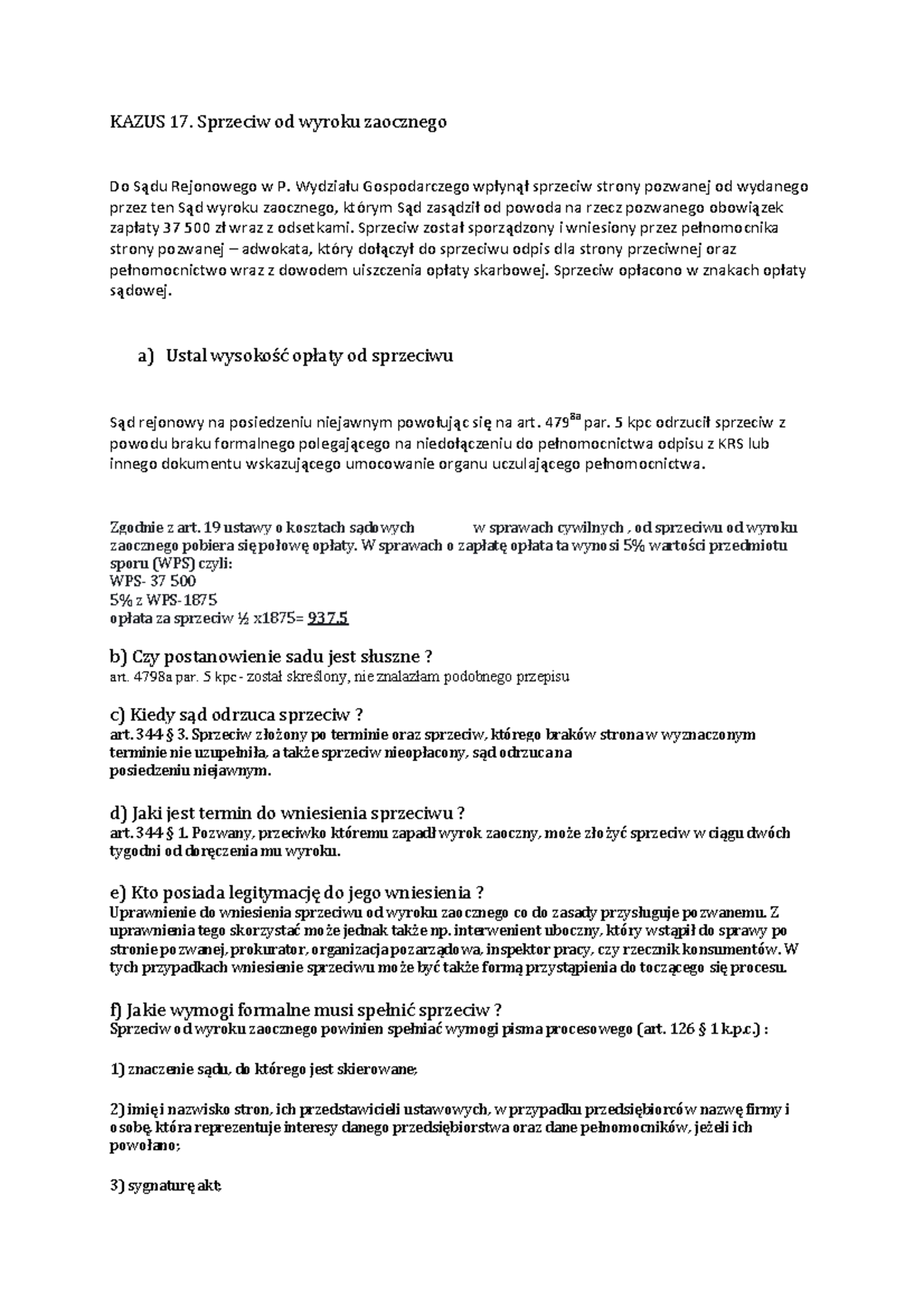 Kazusy Postępowanie cywilne - KAZUS 17. Sprzeciw od wyroku zaocznego Do Są du Rejonowego w P ...