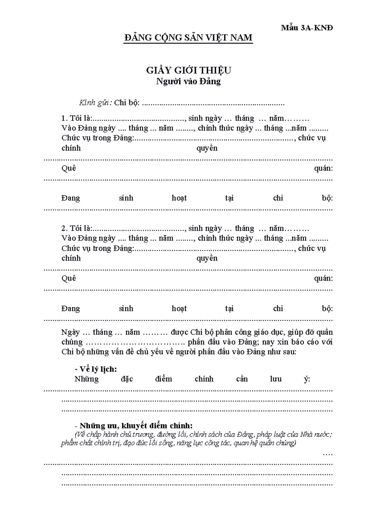 Mau 3A KND Giay gioi thieu nguoi vao Dang hai Dang vien gioi thieu - Mẫu 3A-KNĐ ĐẢNG CỘNG SẢN ...
