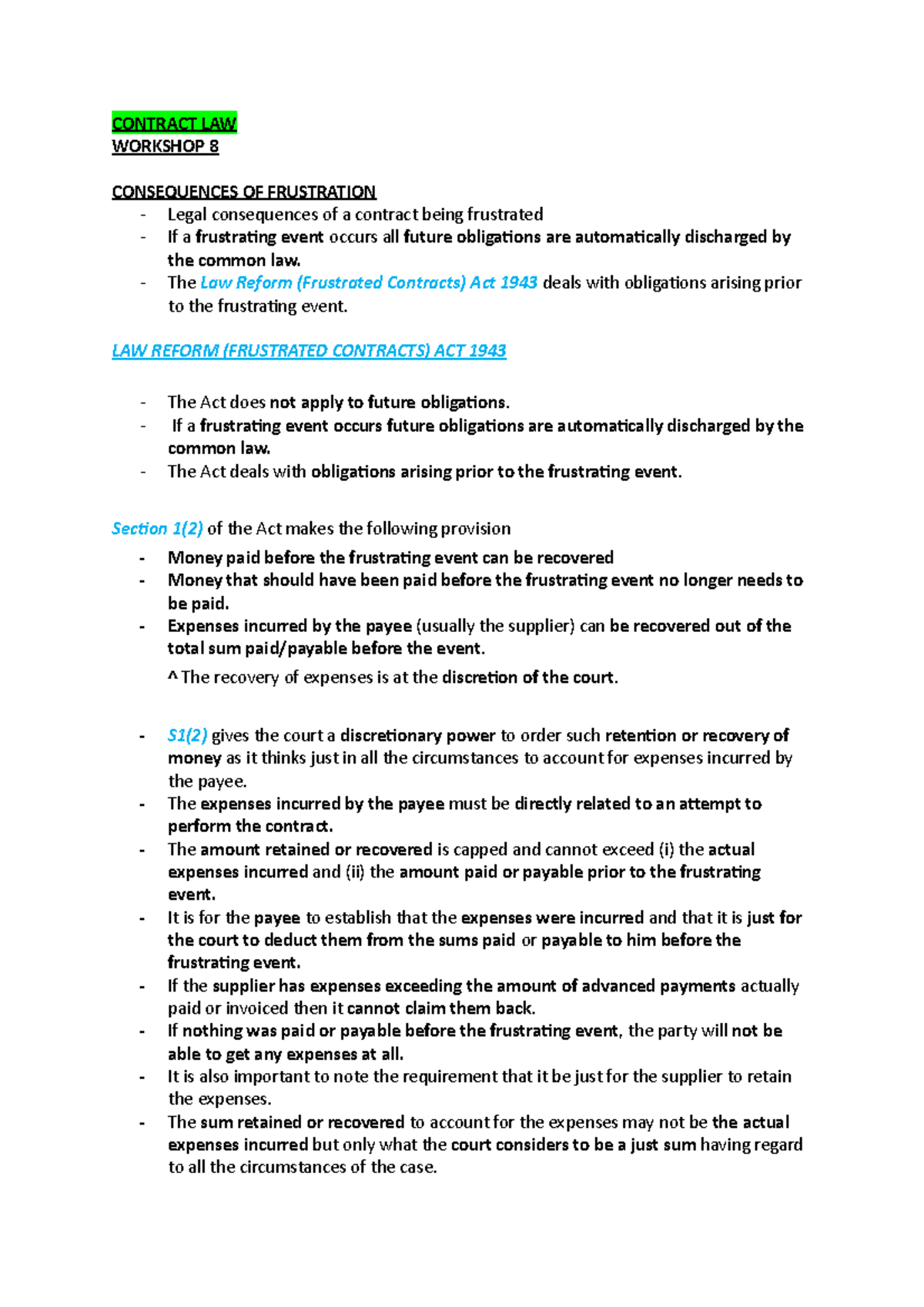 Consequences OF Frustration - CONTRACT LAW WORKSHOP 8 CONSEQUENCES OF ...