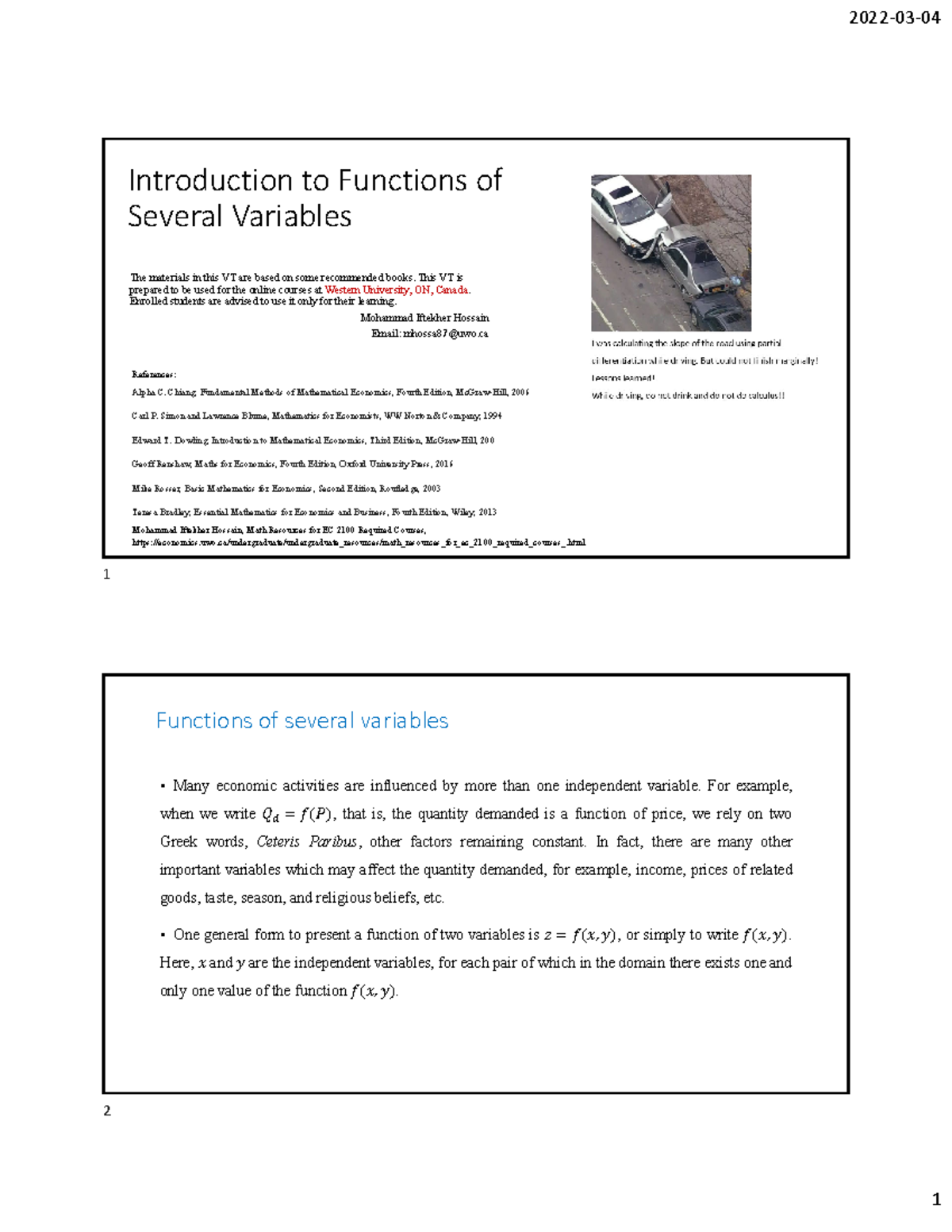 2141 Lecture Notes Calculus Of Multivariable Functions