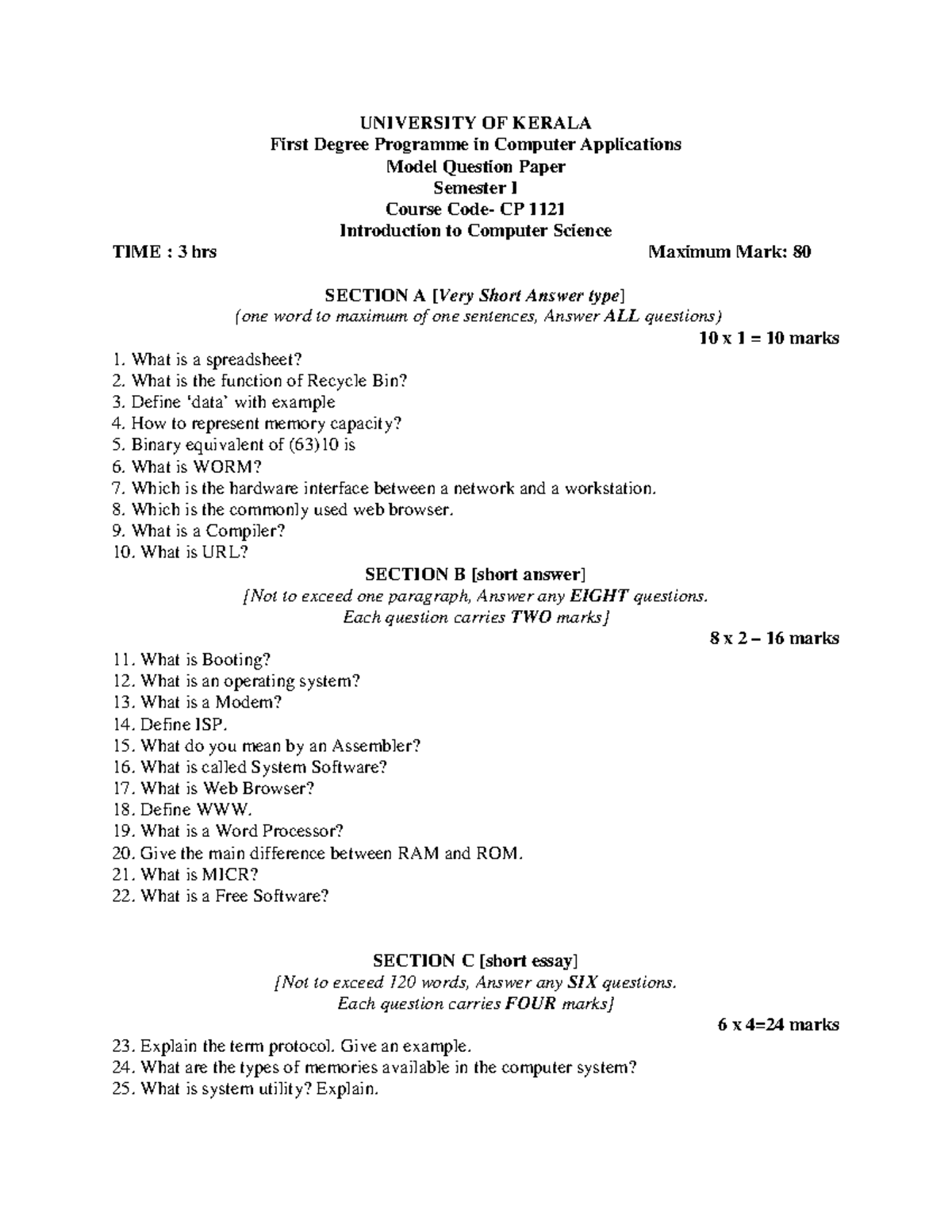 Ap s1 computer science - Question paper model - Computer Science - UoK ...