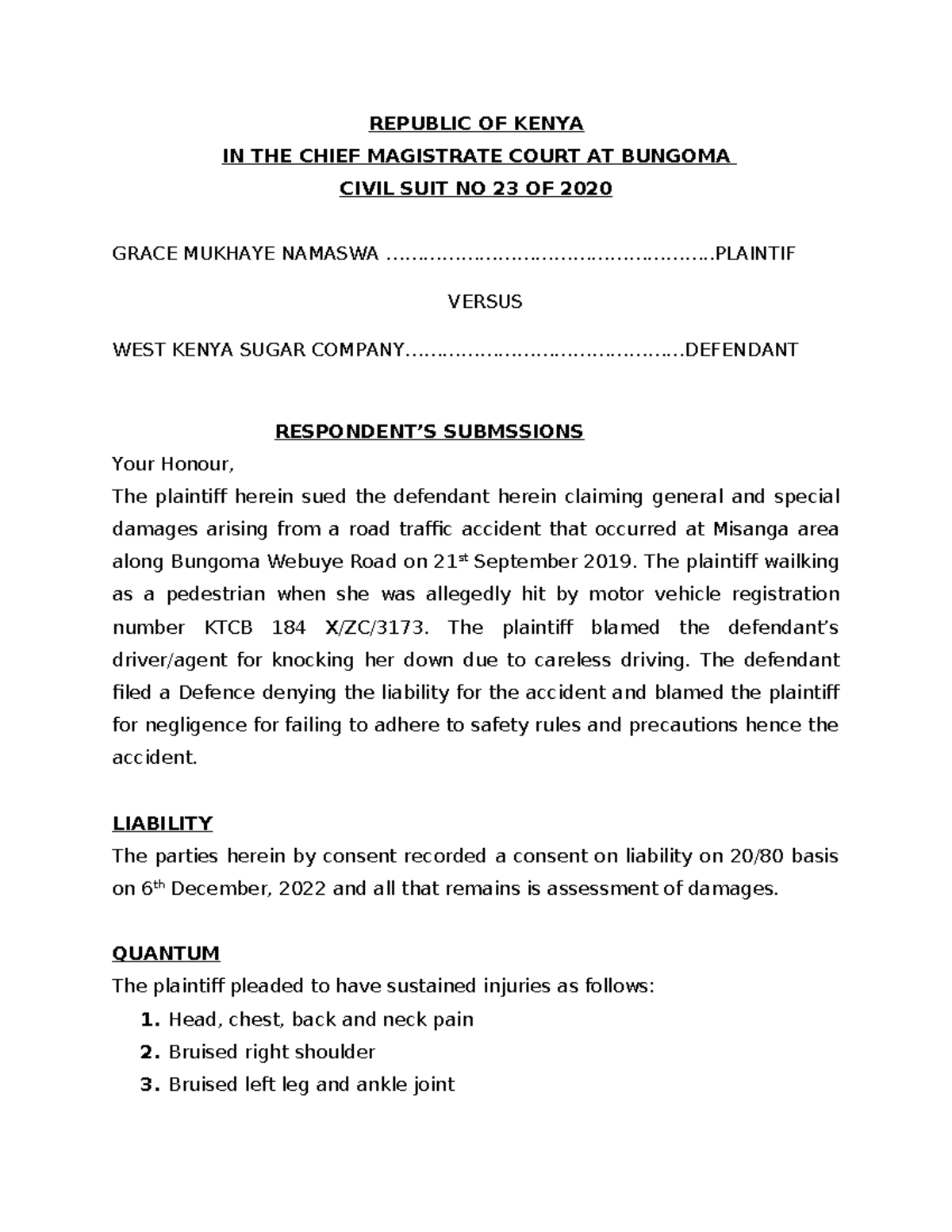 BG CMC 23 OF 2020 - This is a sample submissions - REPUBLIC OF KENYA IN ...