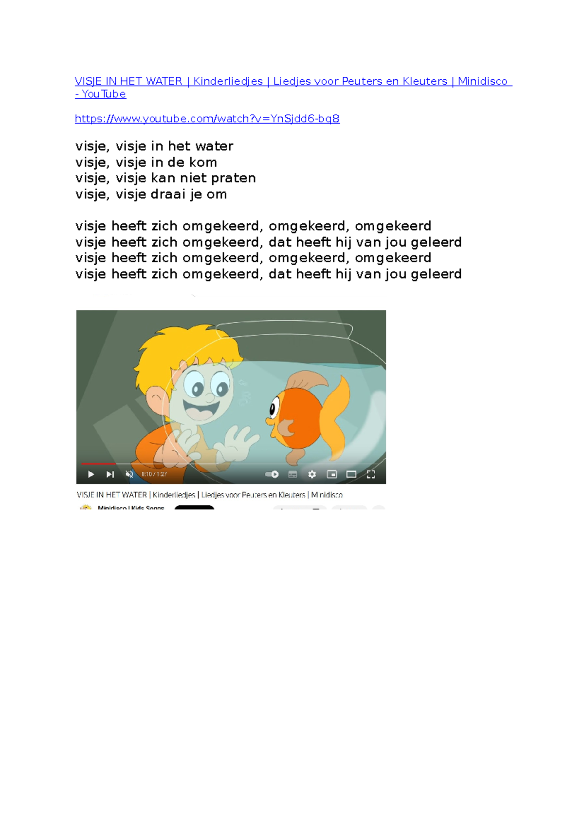 Liedjes uitgewerkt - VISJE IN HET WATER | Kinderliedjes | Liedjes voor ...