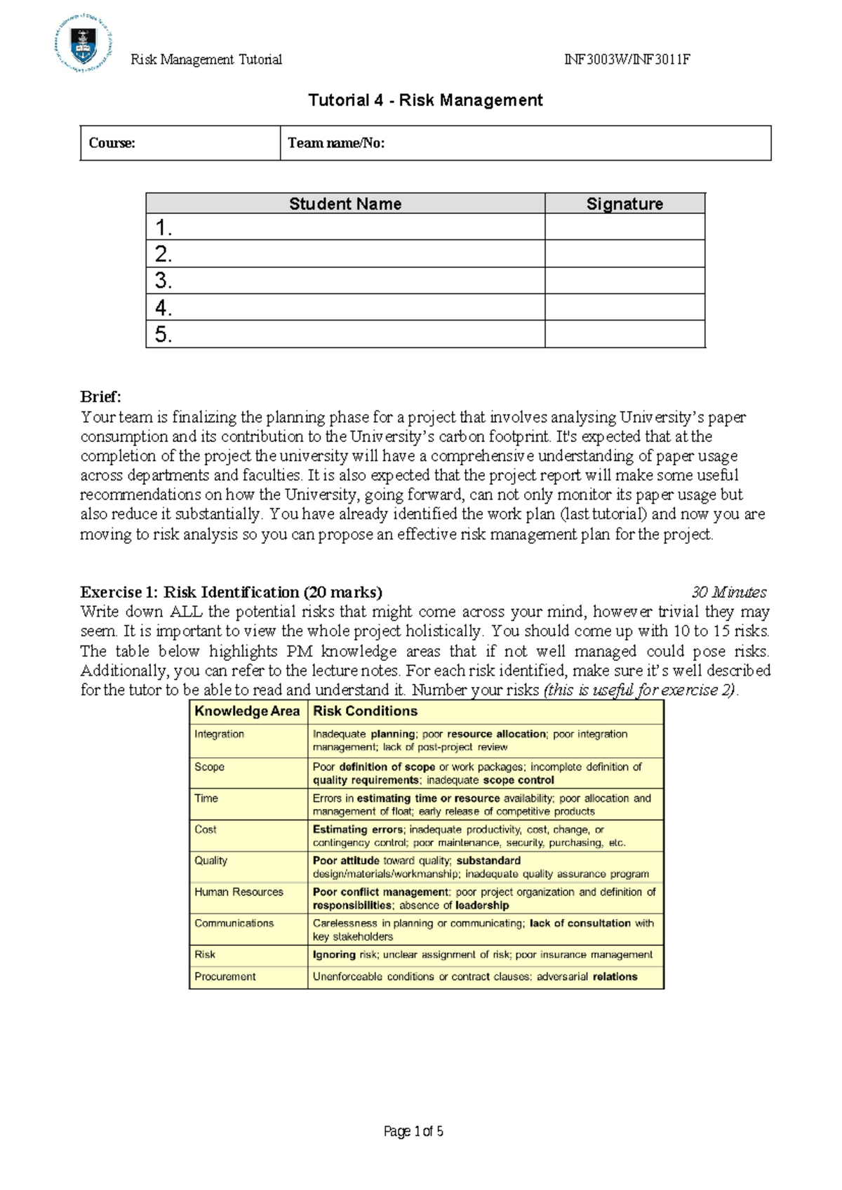 Tutorial 4 Risk Management - Tutorial 4 - Risk Management Course: Team ...