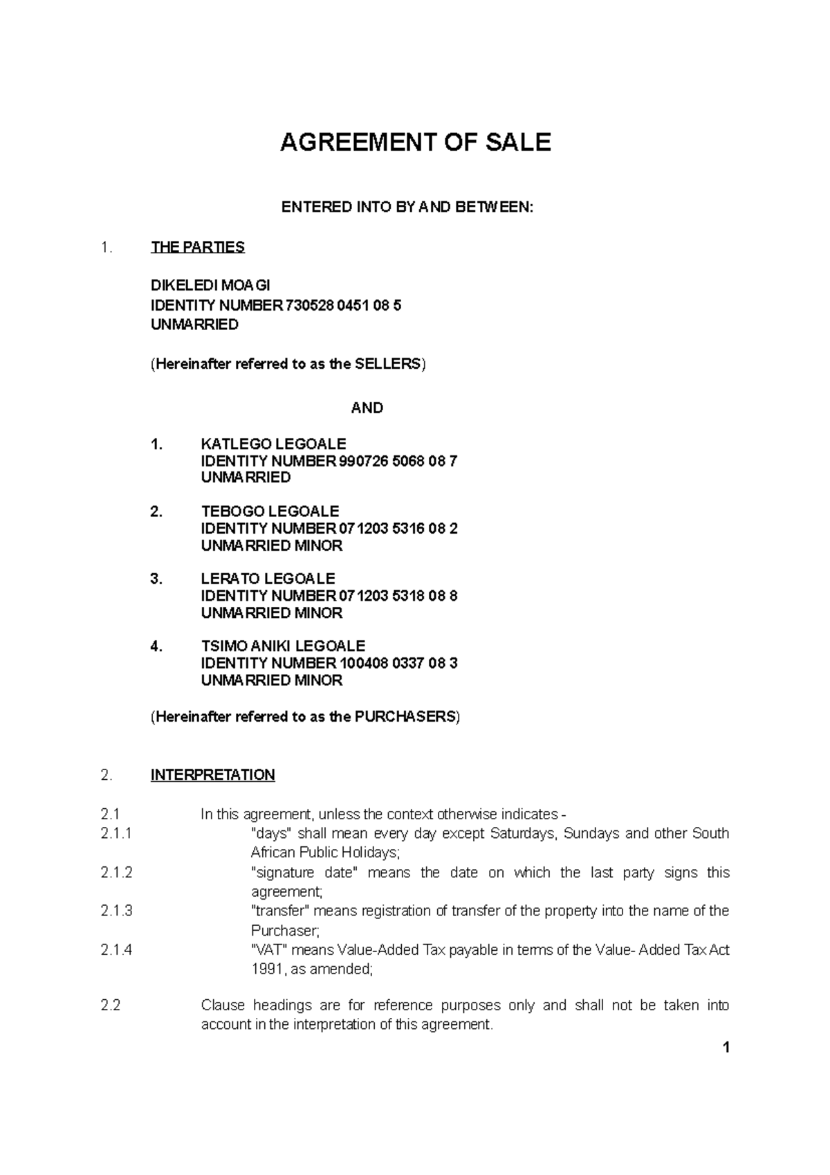 Offer TO Purchase - agreement of sale - AGREEMENT OF SALE ENTERED INTO ...