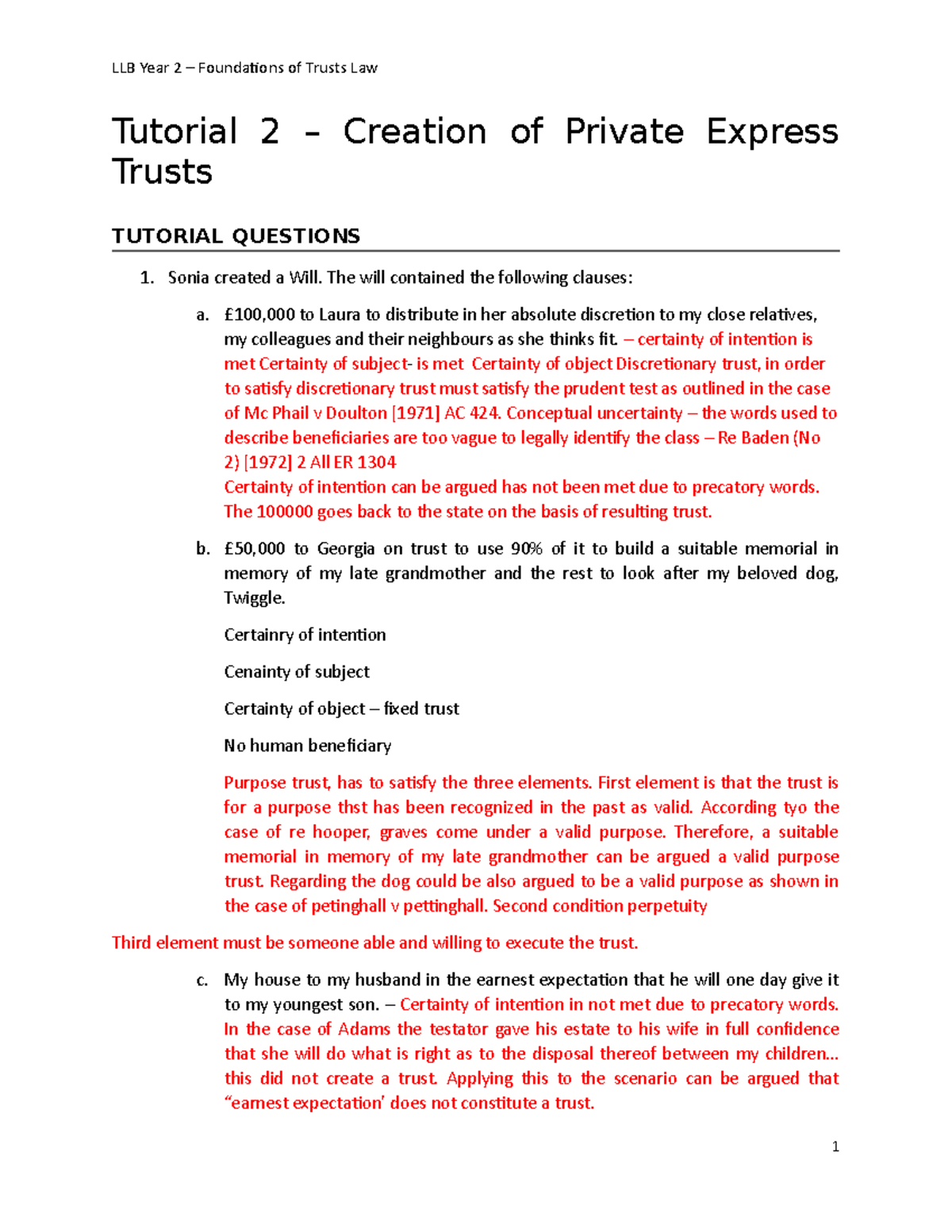 Foundations of Trusts Law Tutorial 2 LLB - LLB Year 2 – Foundations of Trusts Law Tutorial 2 ...