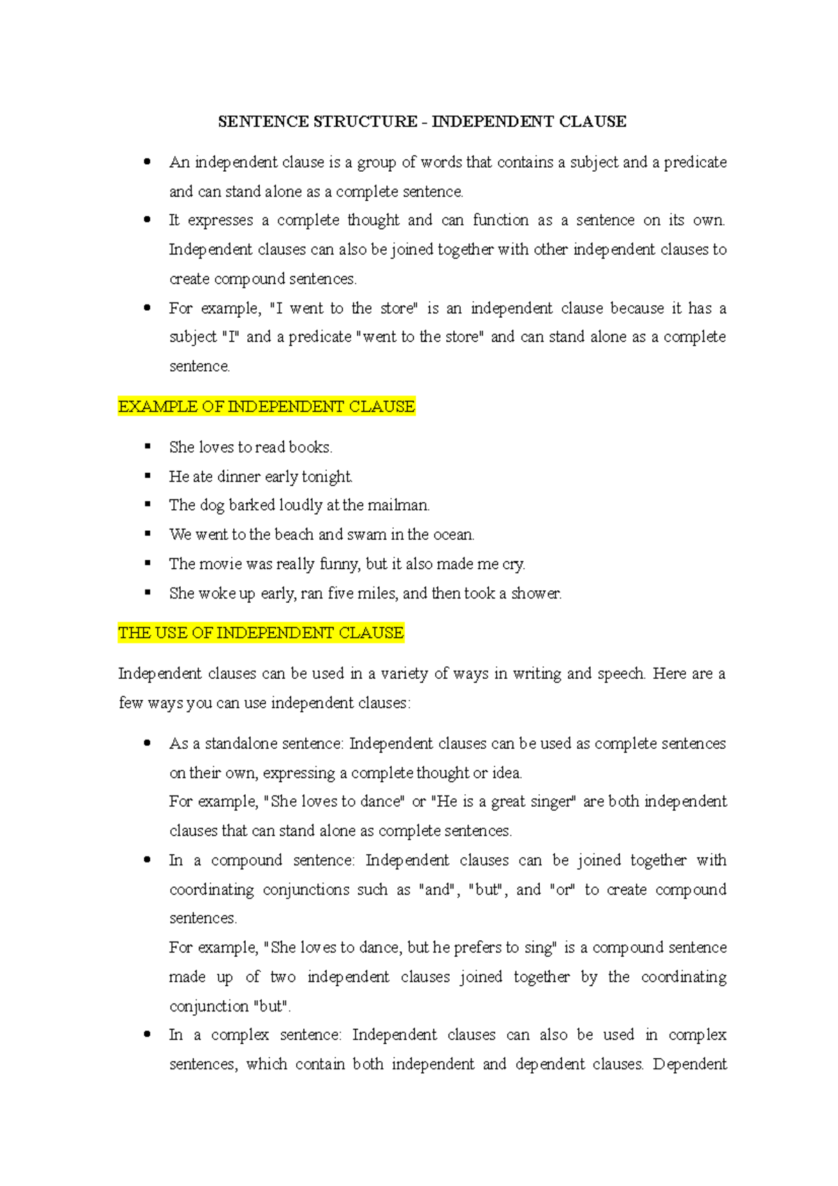 Sentence Structure - Independent Clause - SENTENCE STRUCTURE ...