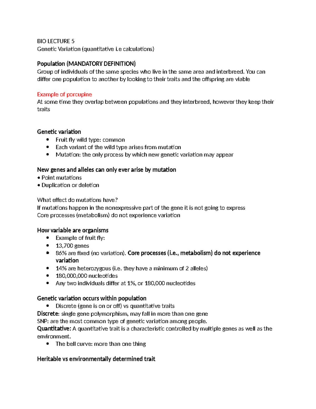 BIO Lecture 5 - BIO LECTURE 5 Genetic Variation (quantitative i ...