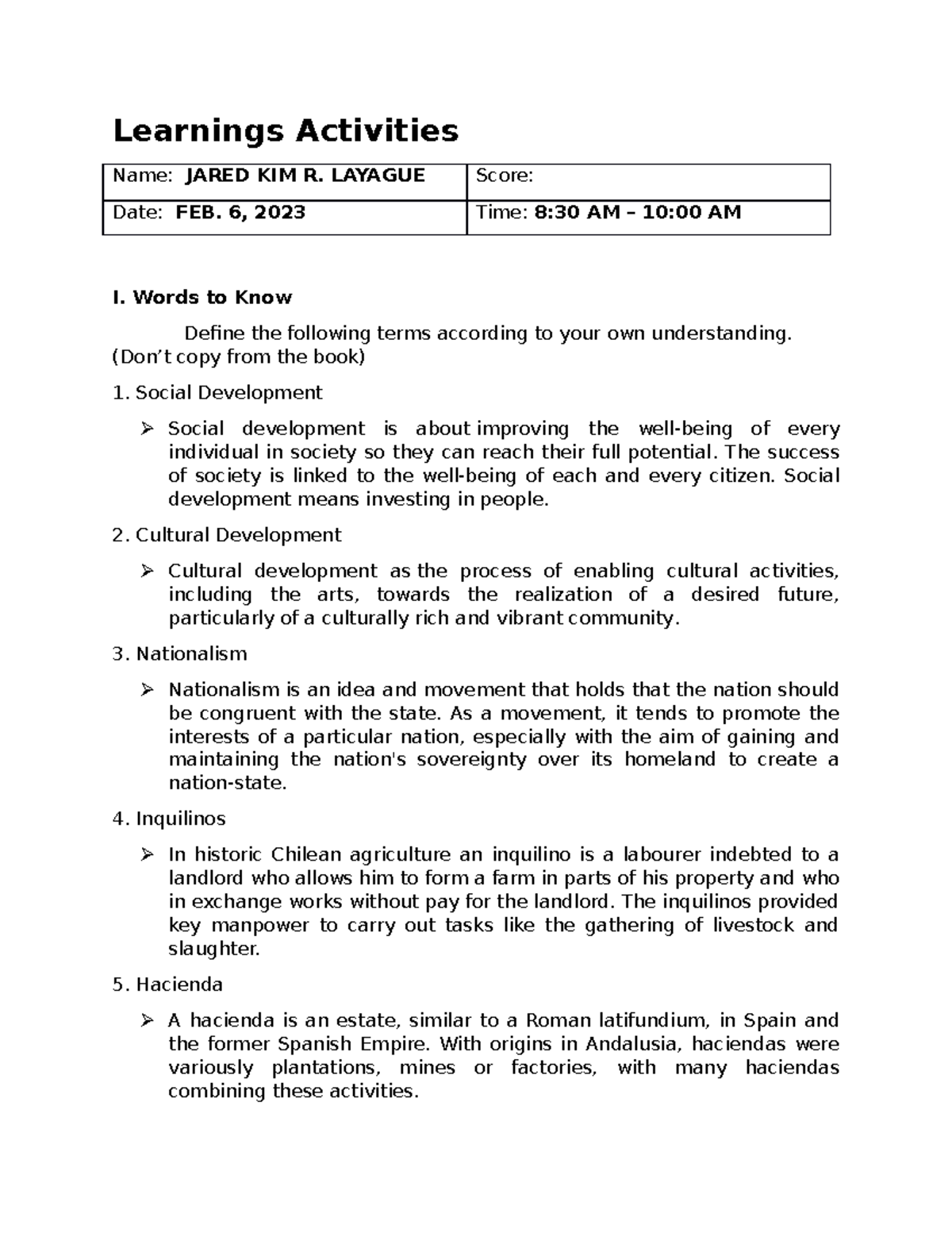 Rizal activity 2 - thanks - Learnings Activities Name: JARED KIM R. LAYAGUE Score: Date: FEB. 6 ...
