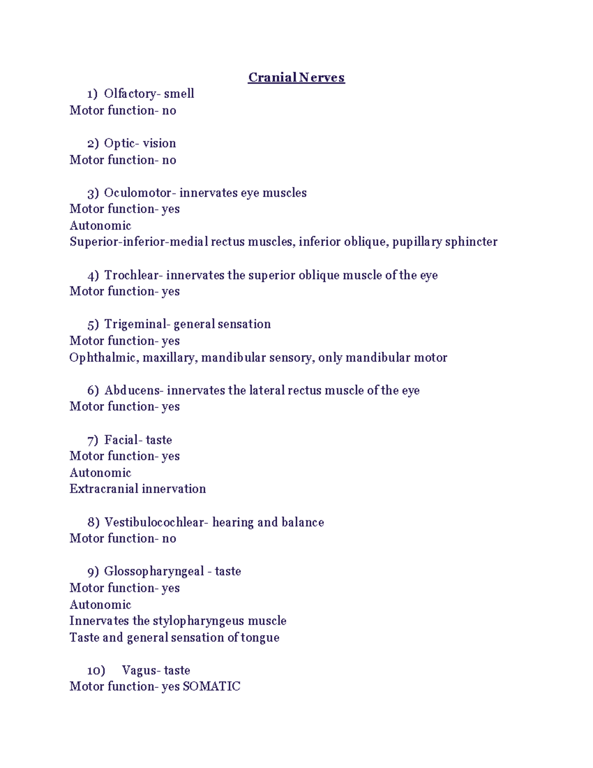 Cranial nerves notes - Cranial Nerves Olfactory- smell Motor function ...