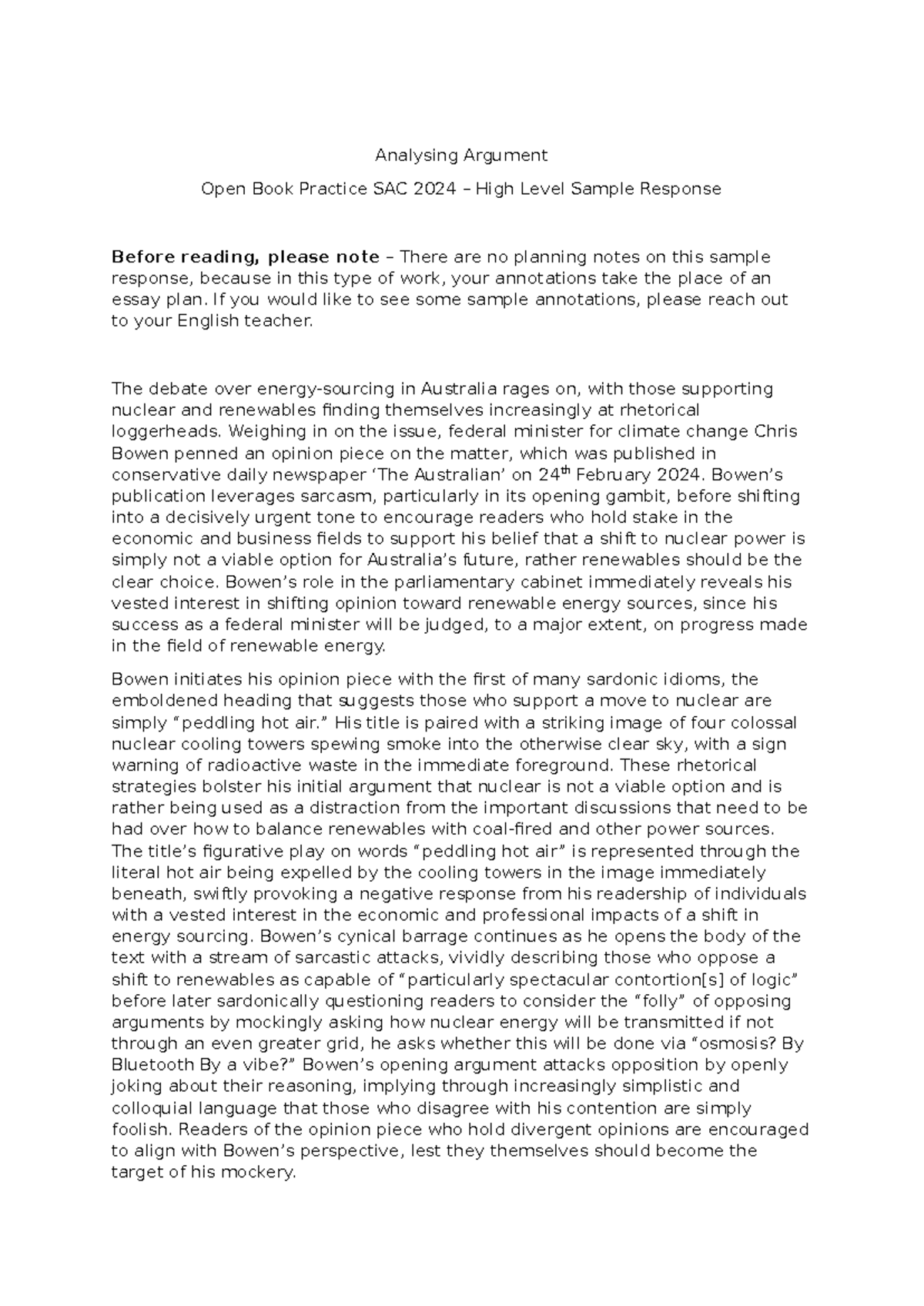 Open book sample response High 2024 - Analysing Argument Open Book ...
