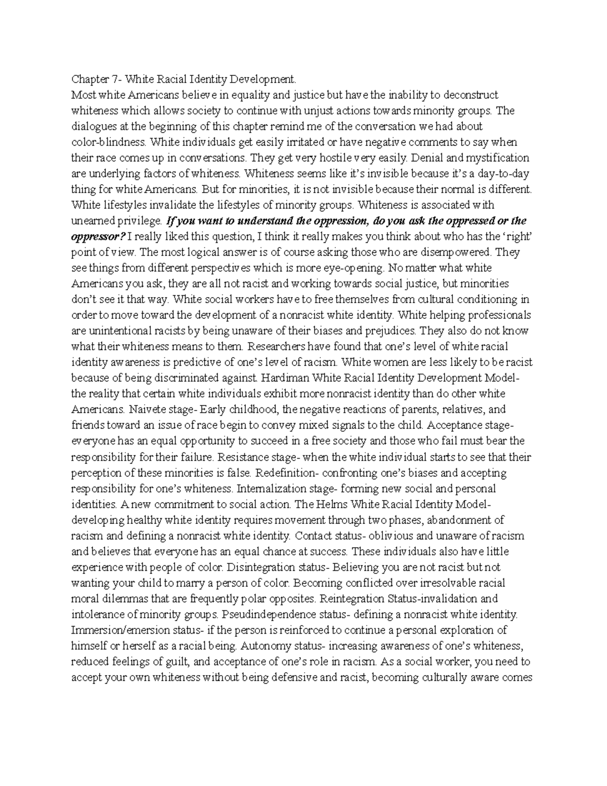 Chapter 7 MIMS - Chapter 7- White Racial Identity Development. Most ...