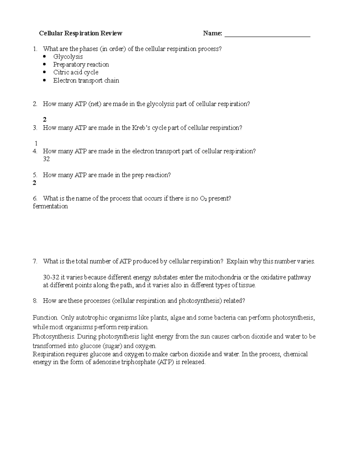 Cellular Respiration Lecture Guide short - Cellular Respiration Review ...