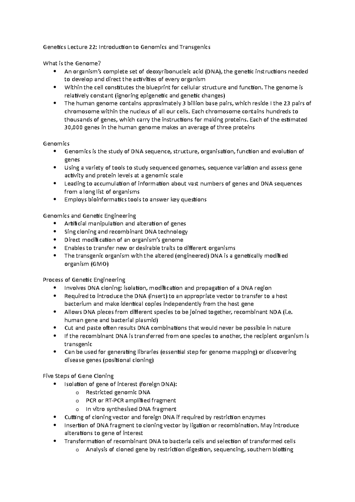 Lecture 22 Notes Introduction To Genomics And Transgenics Genetics Lecture 22 Introduction