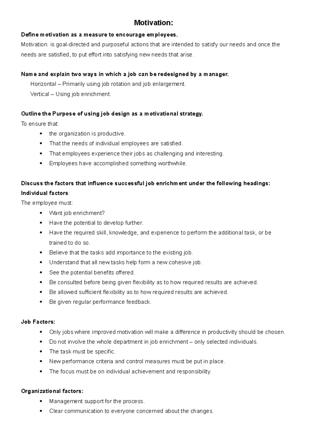 Opsomming PM N6 - Summary human resource management - Motivation ...