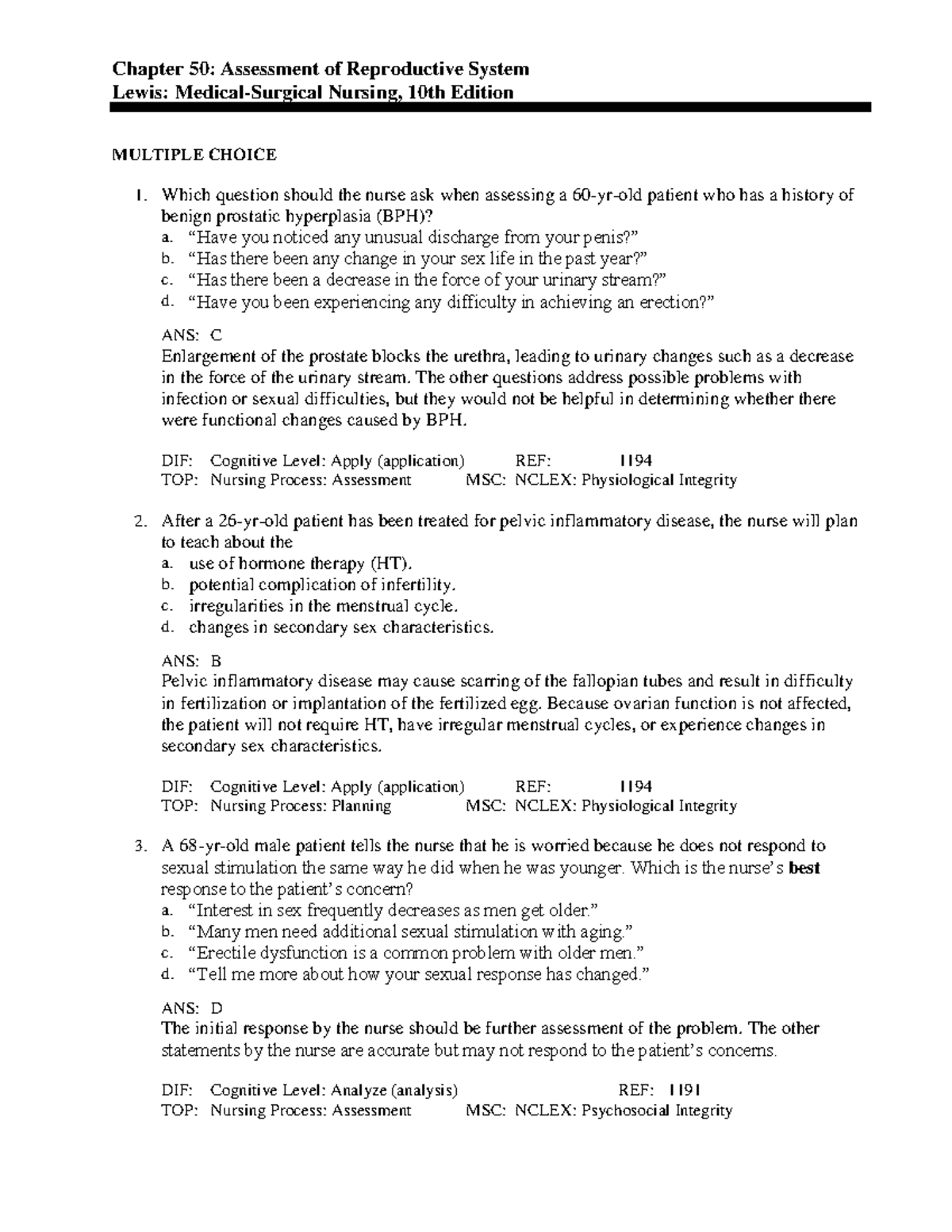 C50 - Review questions - Chapter 50: Assessment of Reproductive System ...