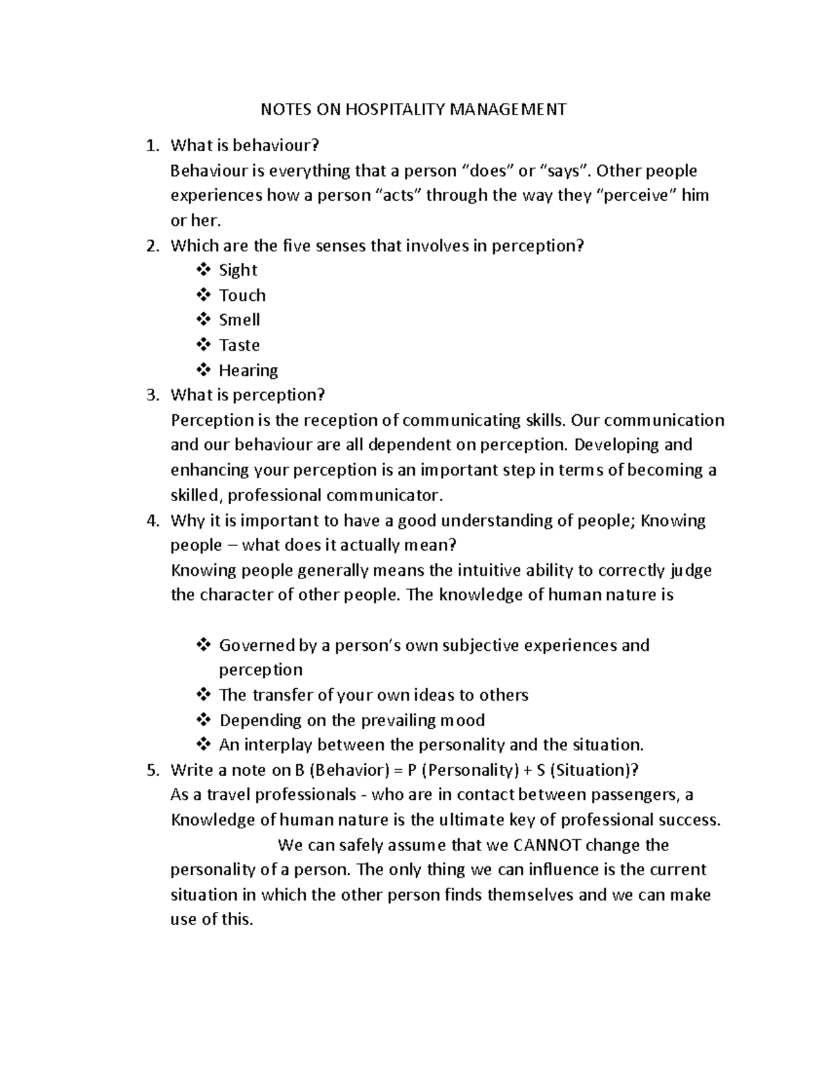 Notes ON Hospitality Management - NOTES ON HOSPITALITY MANAGEMENT What ...