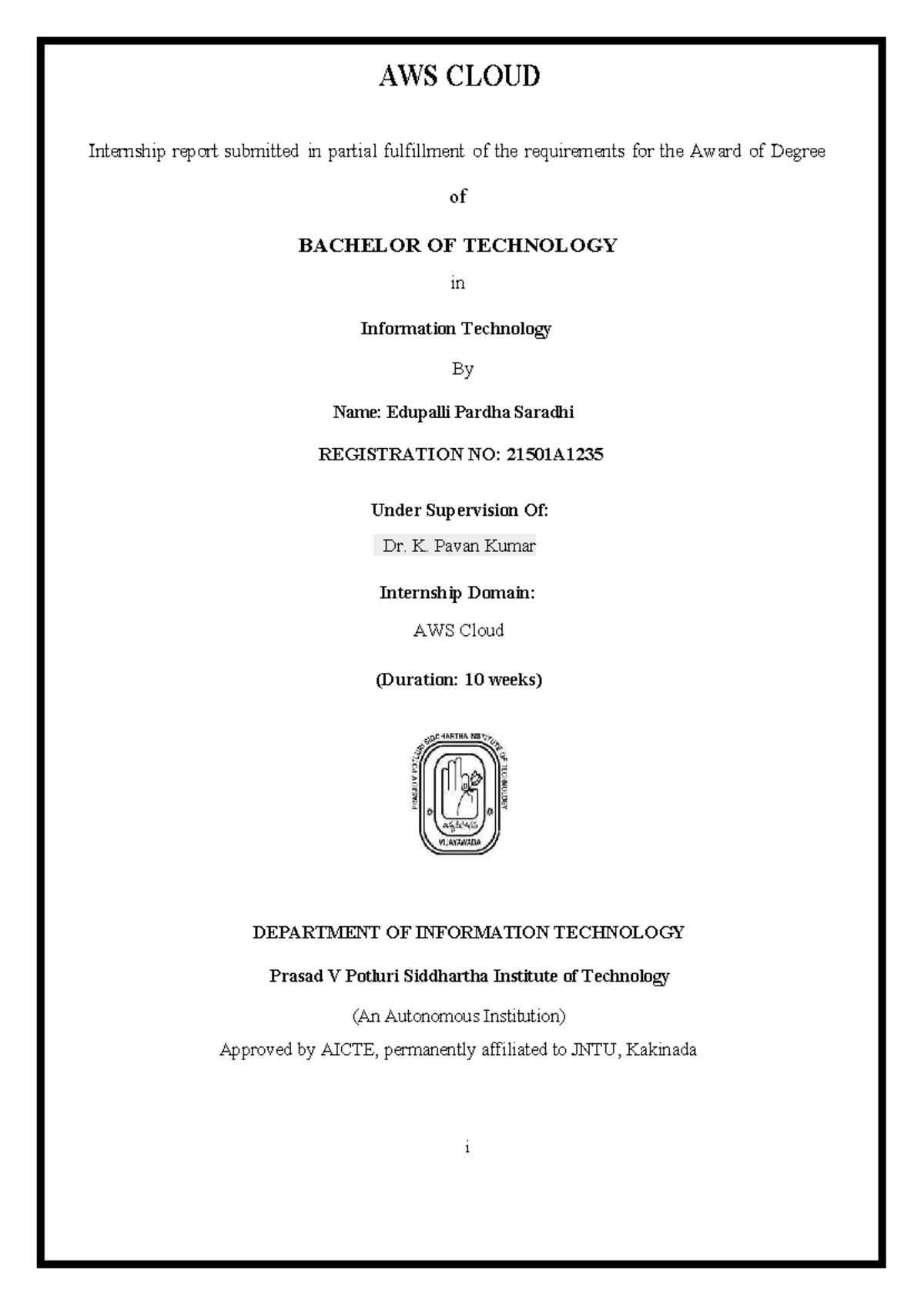 Internship report-1 - ghmjghkghjgdhjd - i AWS CLOUD Internship report submitted in partial - Studocu