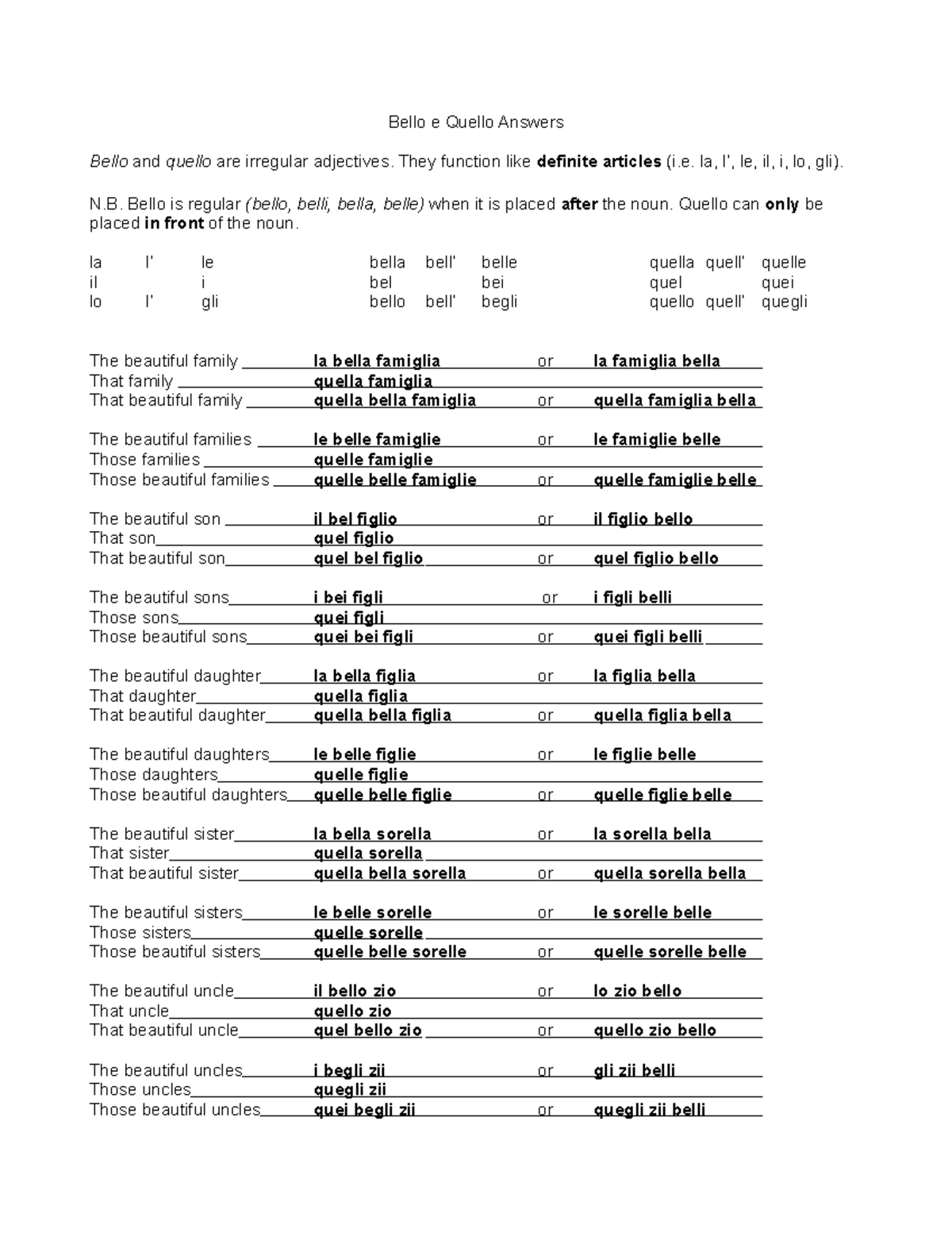 Bello+e+Quello+Answers - Bello e Quello Answers Bello and quello are ...